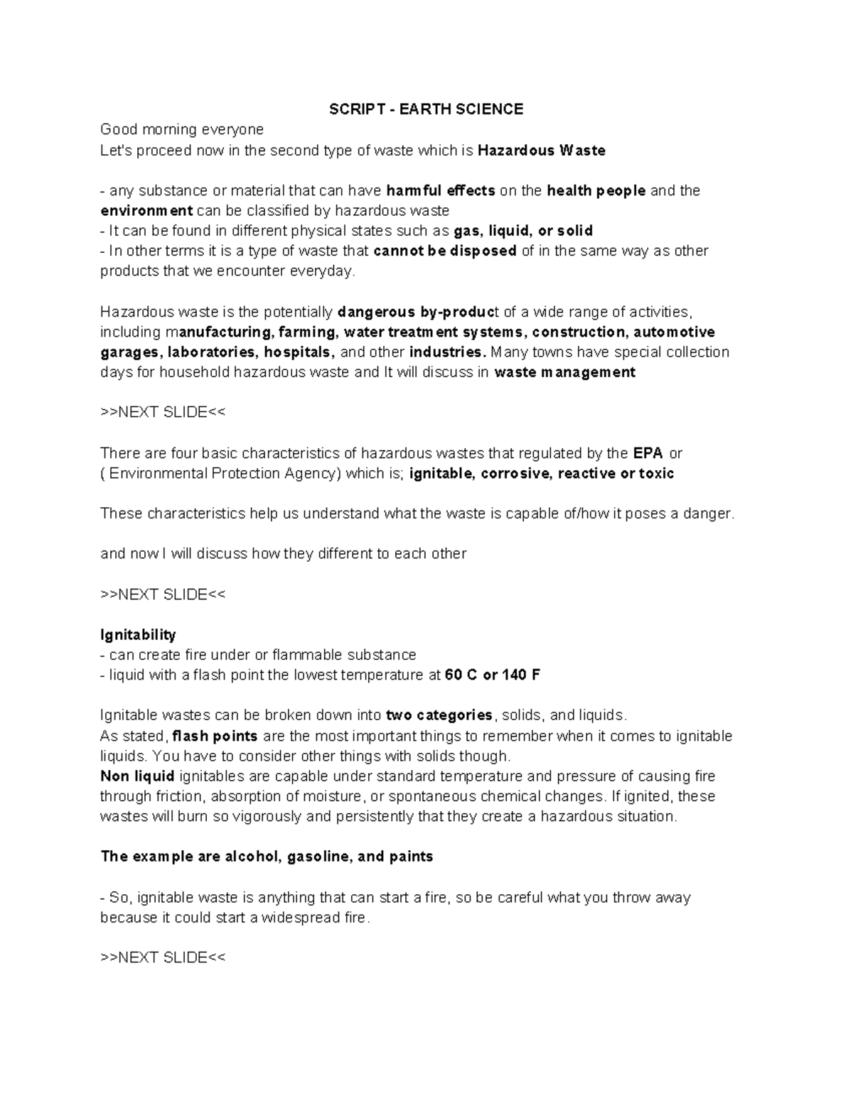 Characteristics of Hazardous Waste Script - SCRIPT - EARTH SCIENCE Good ...