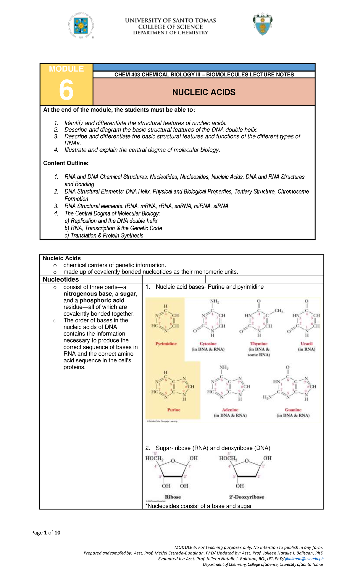 CHEM403 Module 6 Lecture Notes: Structure & Function of Nucleic Acids ...