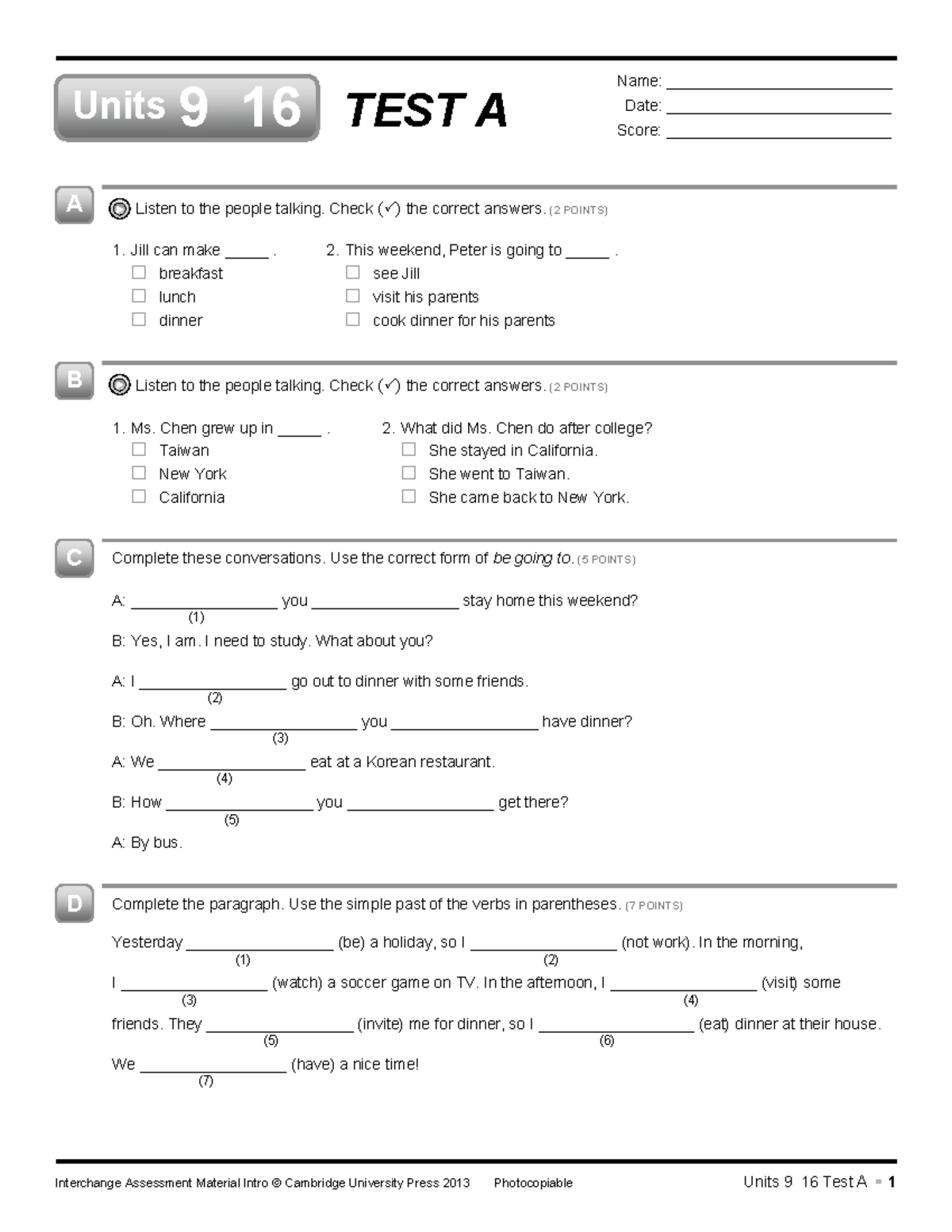 Unit A Test A 2 - Interchange Assessment Material - Studocu