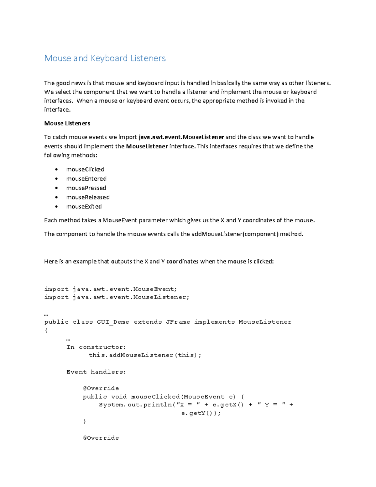 Mouse and Keyboard Listeners: Handling Events in Java GUI - Studocu