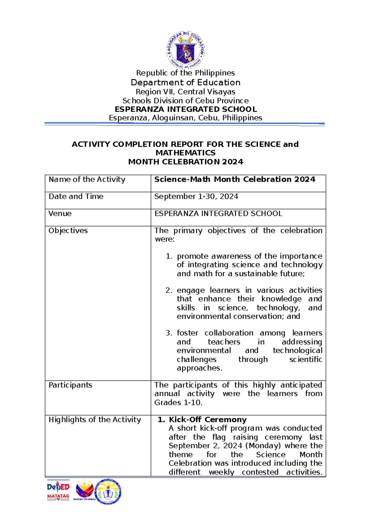 Activity Completion Report: Science-Math Month Celebration 2024 - Studocu