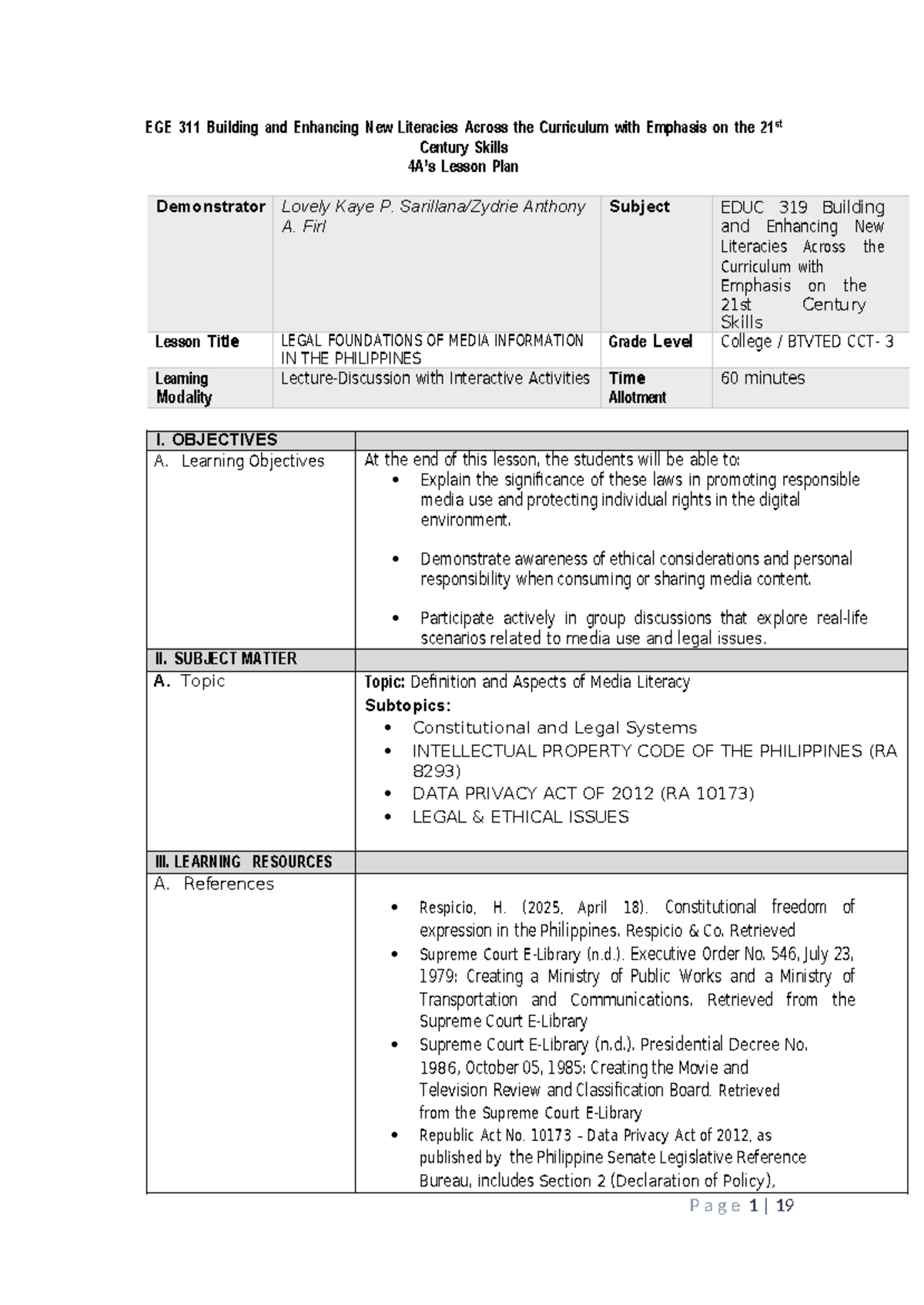 EGE 311 Lesson Plan: Legal Foundations of Media Info in the PH - Studocu