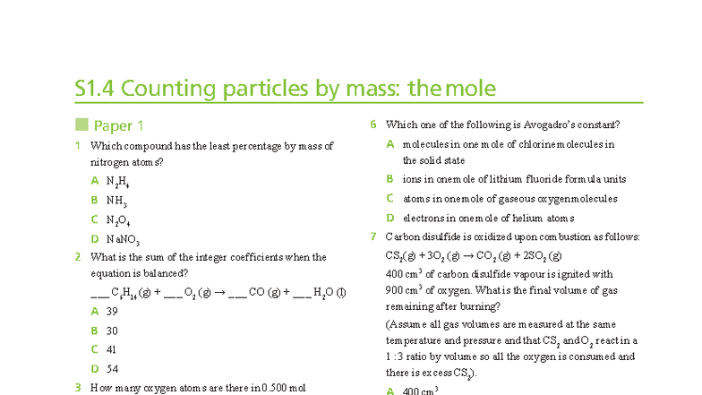 S1.4 Counting Particles and Mass: The Mole - Paper 1 & 2 - Studocu