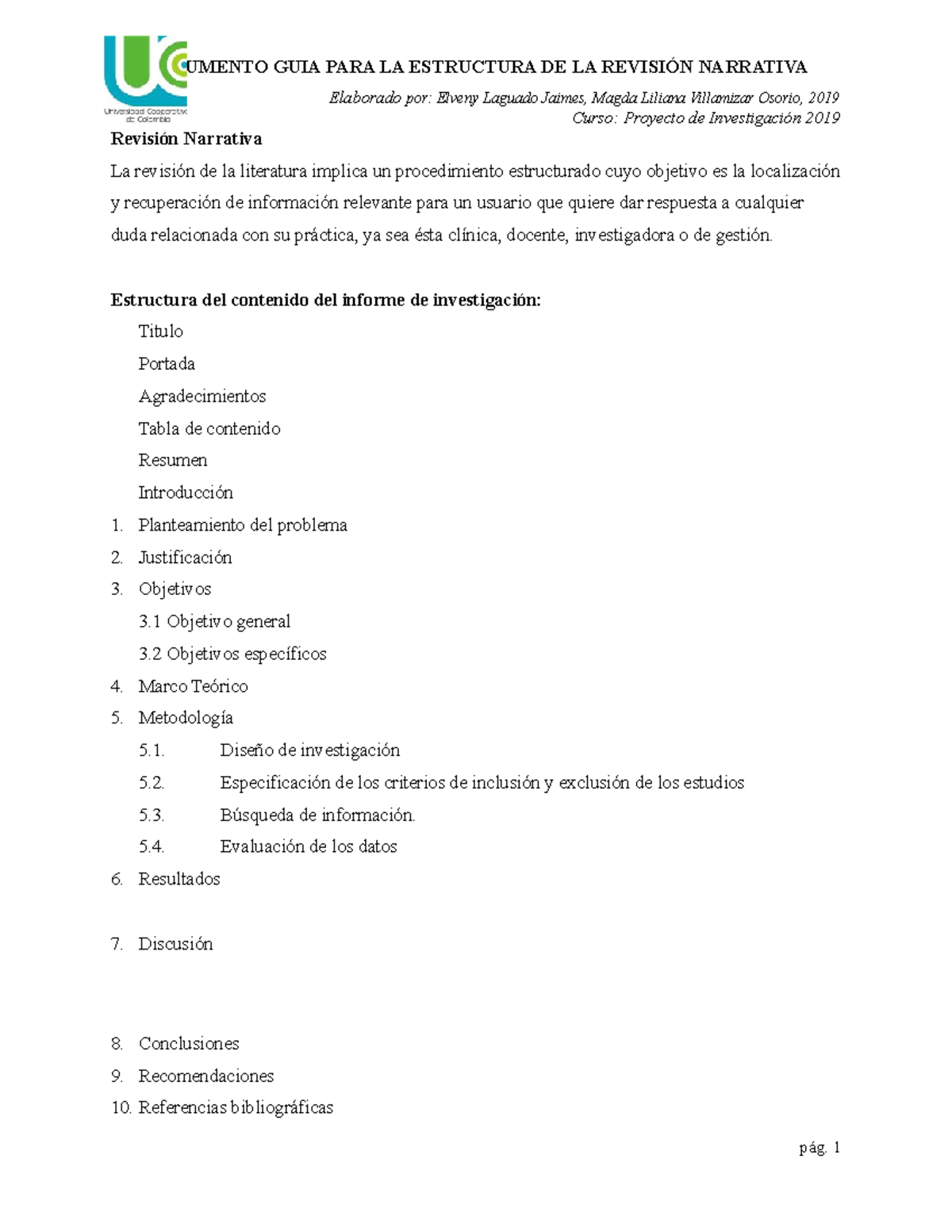 Documento GUIA PARA LA Estructura DE LA Revisión Narrativa - Elaborado ...