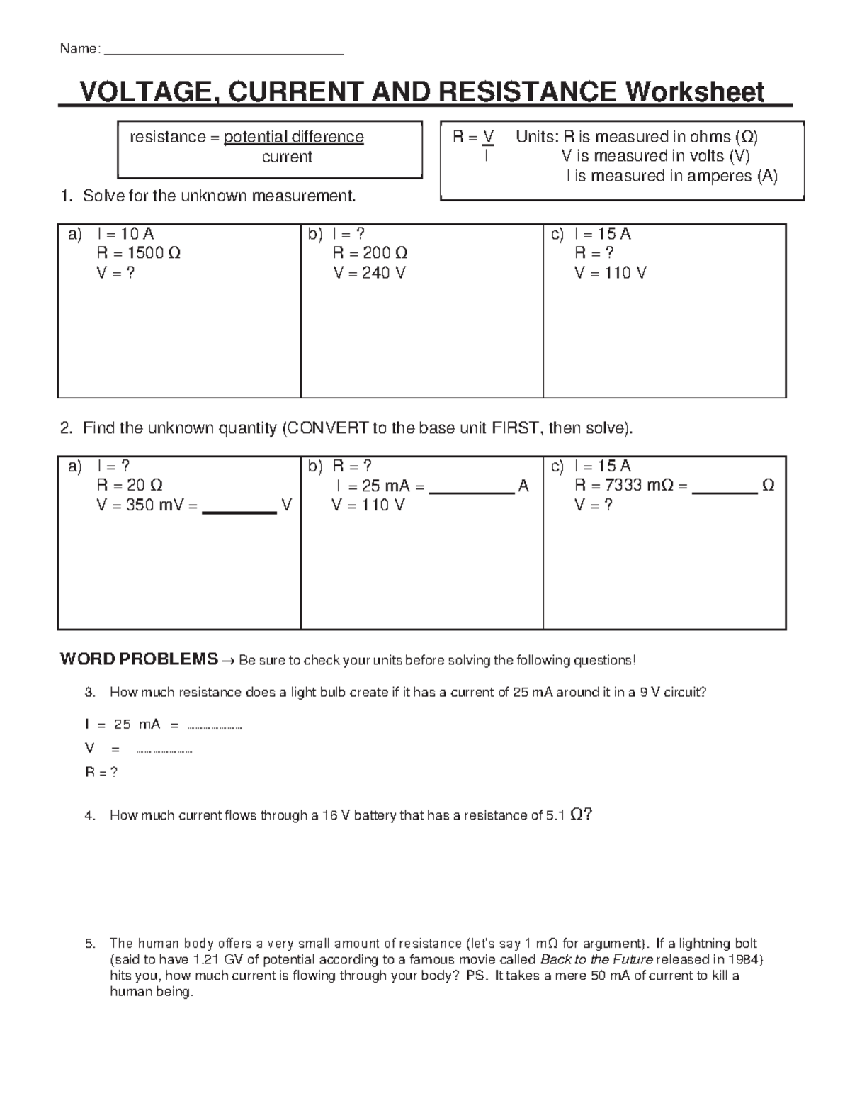 Ohm's Law Practice Problems (VCR 101) Worksheet on Resistance & Current ...