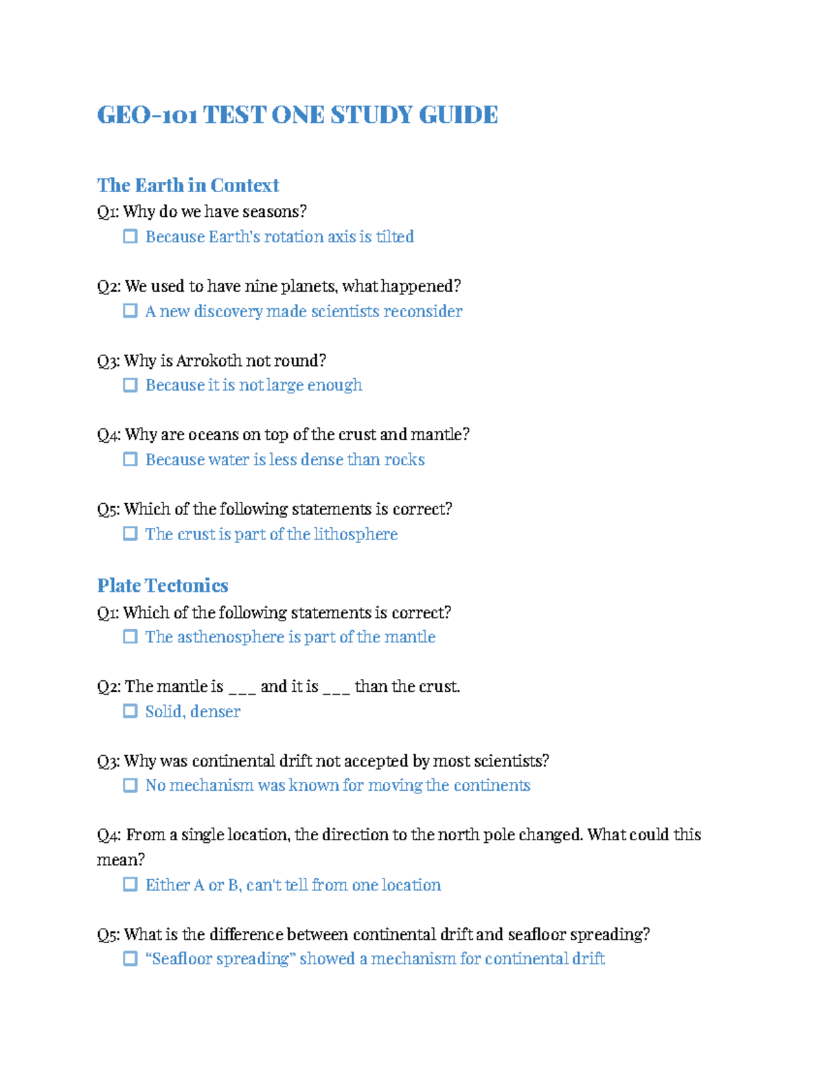 GEO-101 Test One Study Guide: Key Concepts and Questions - Studocu