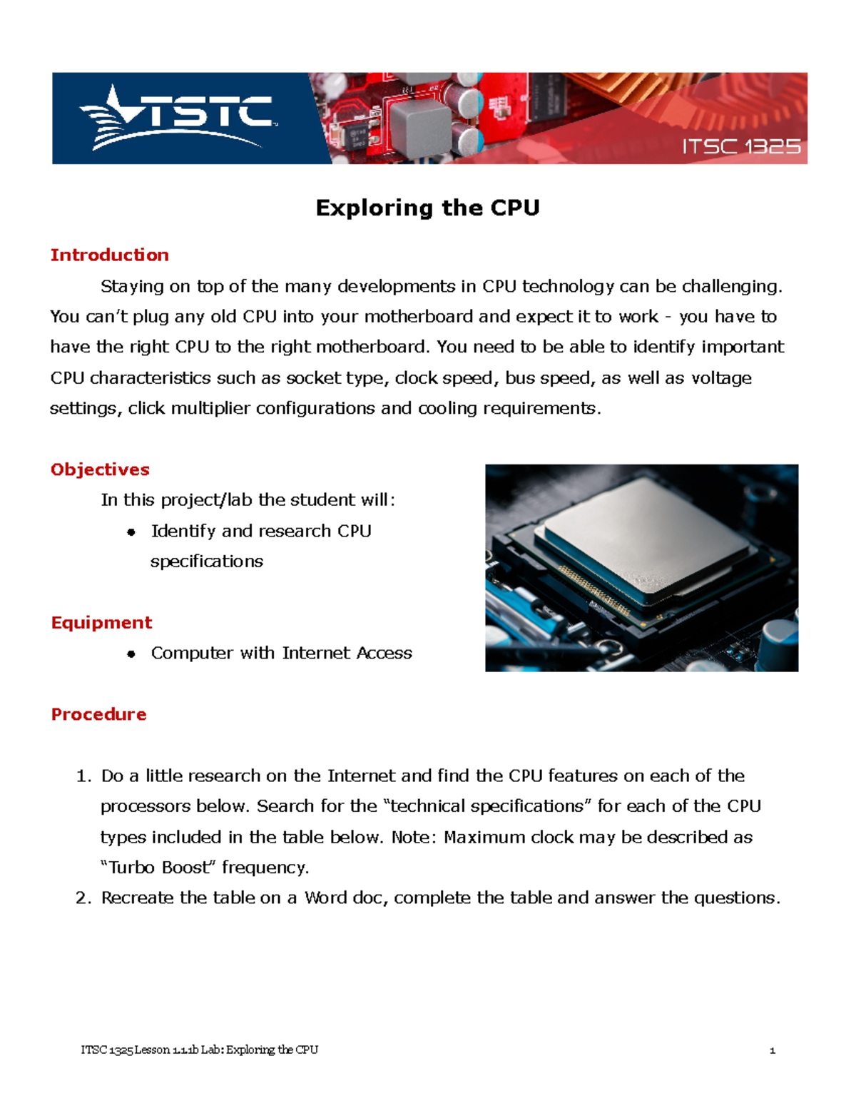 ITSC 1325 Lesson 1.1.1b Lab Exploring the CPU.docx - Exploring the CPU Introduction Staying on ...