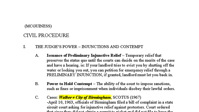 (MCGUINESS) Civil Procedure I: Power of Injunctions & Contempt Outline ...