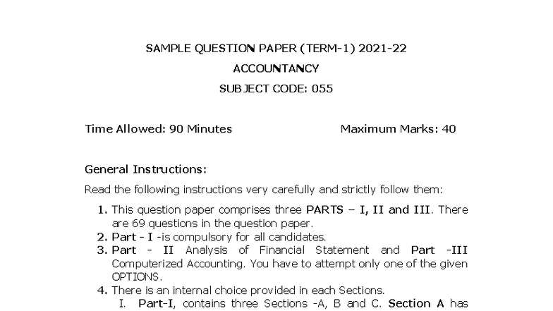Accountancy Sample Question Paper - Subject Code: 055 - Studocu