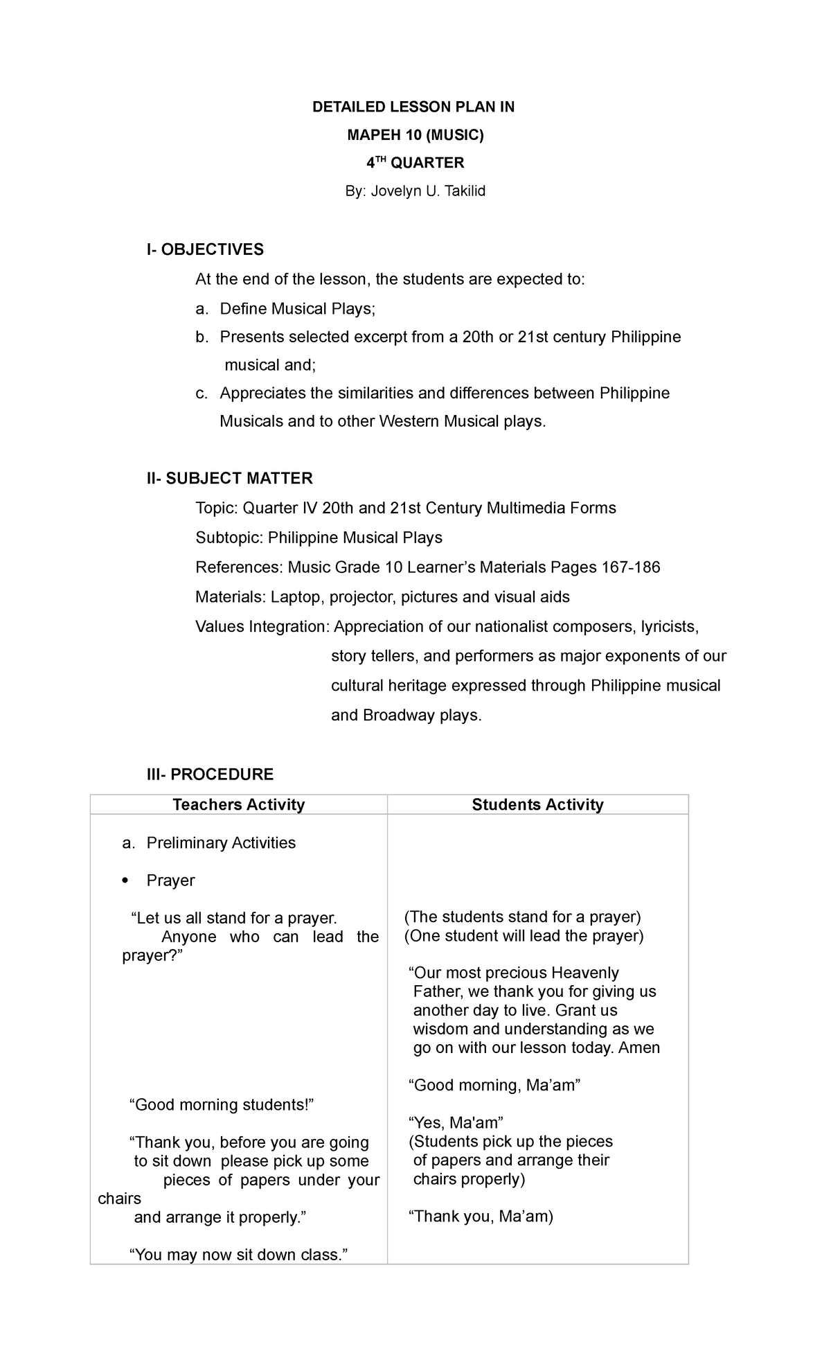Detailed Lesson Plan on Philippine Musical Plays (MAPEH 10) - Studocu