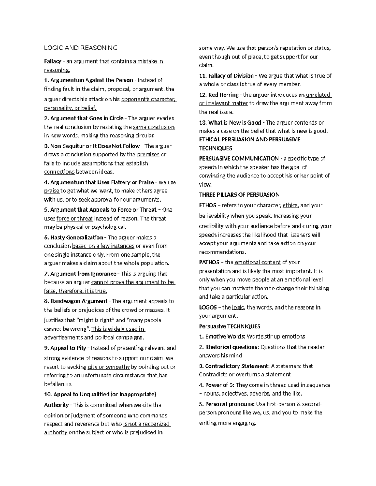 LOGIC AND REASONING Fallacies and Persuasive Techniques - Midterm Study ...