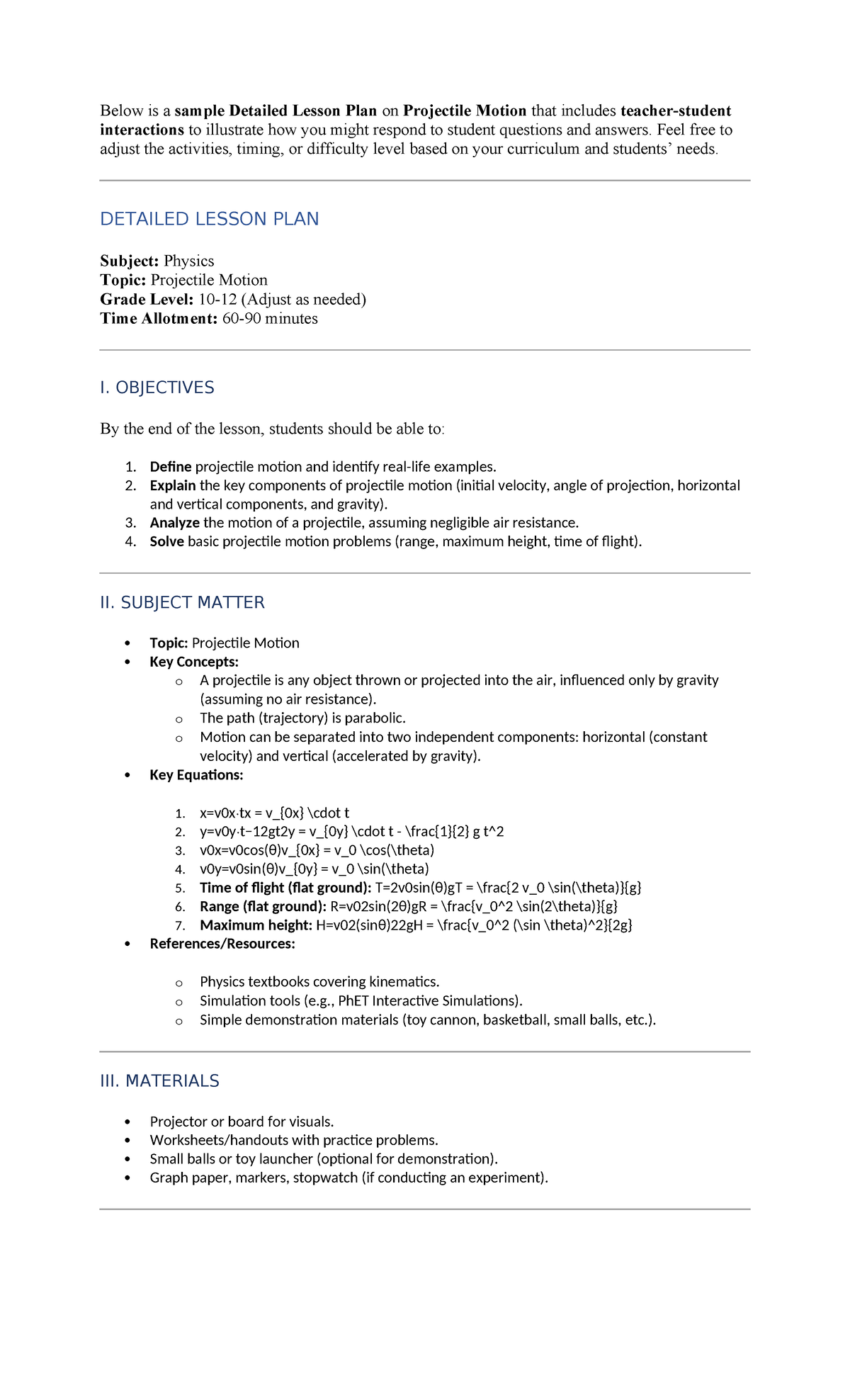 G9 (optional) DLL - Detailed Lesson Plan on Projectile Motion - Studocu