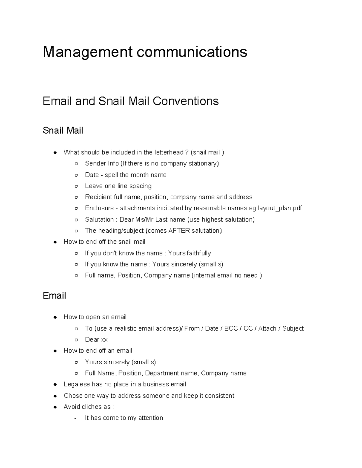 MC 101: Email and Snail Mail Communication Conventions Notes - Studocu