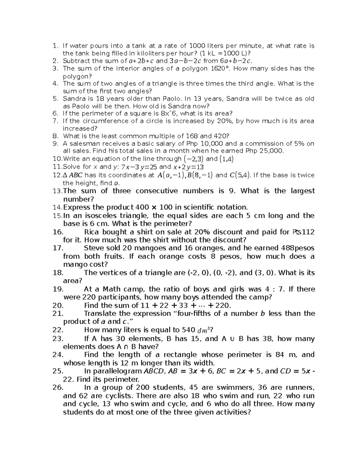 Math Review: Problem Solving and Equations (MATH101) - Studocu