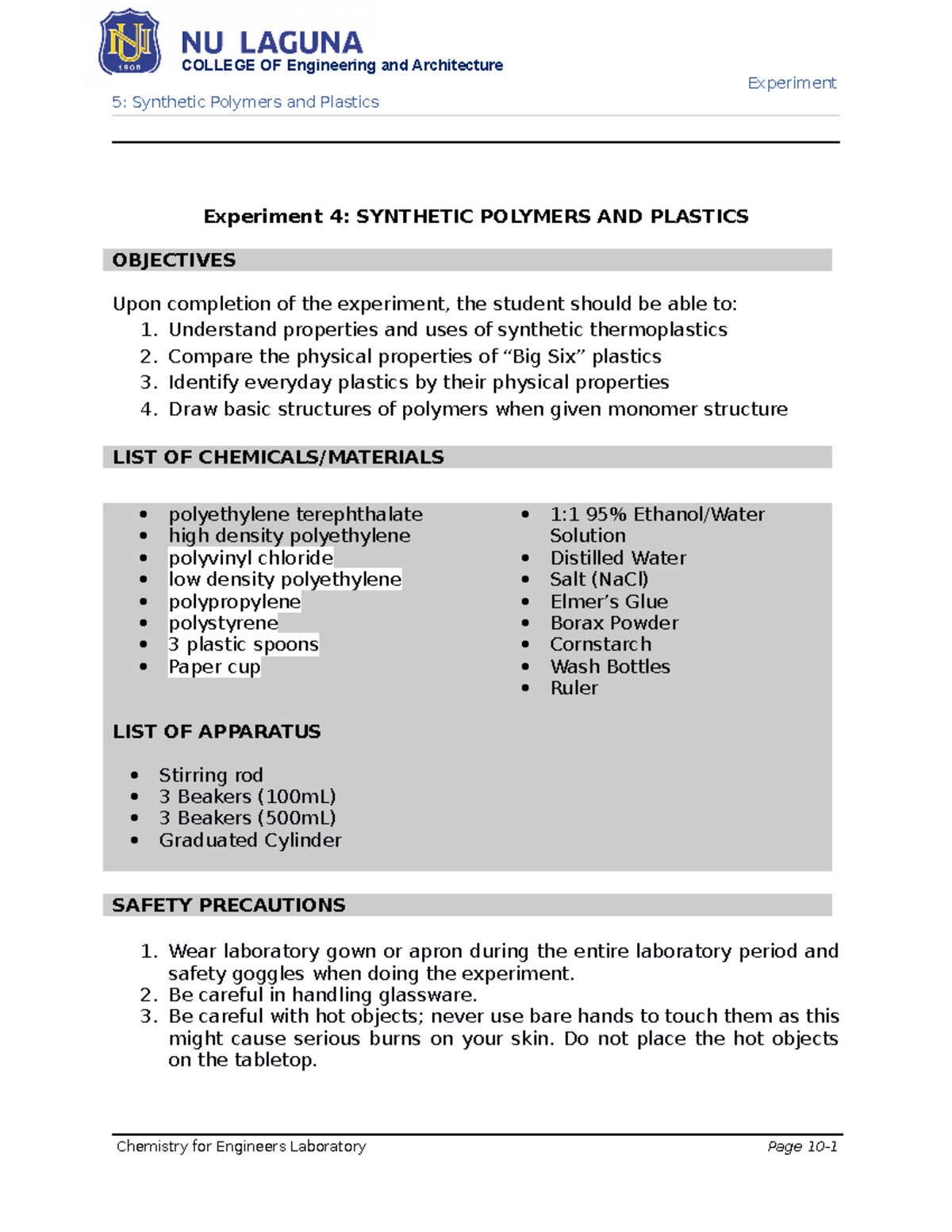 Experiment 5 Synthetic Polymers and Plastics - Experiment 5: Synthetic ...