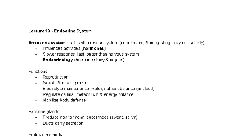 BLG 101 - Lecture 10: Overview of the Endocrine System Functions - Studocu