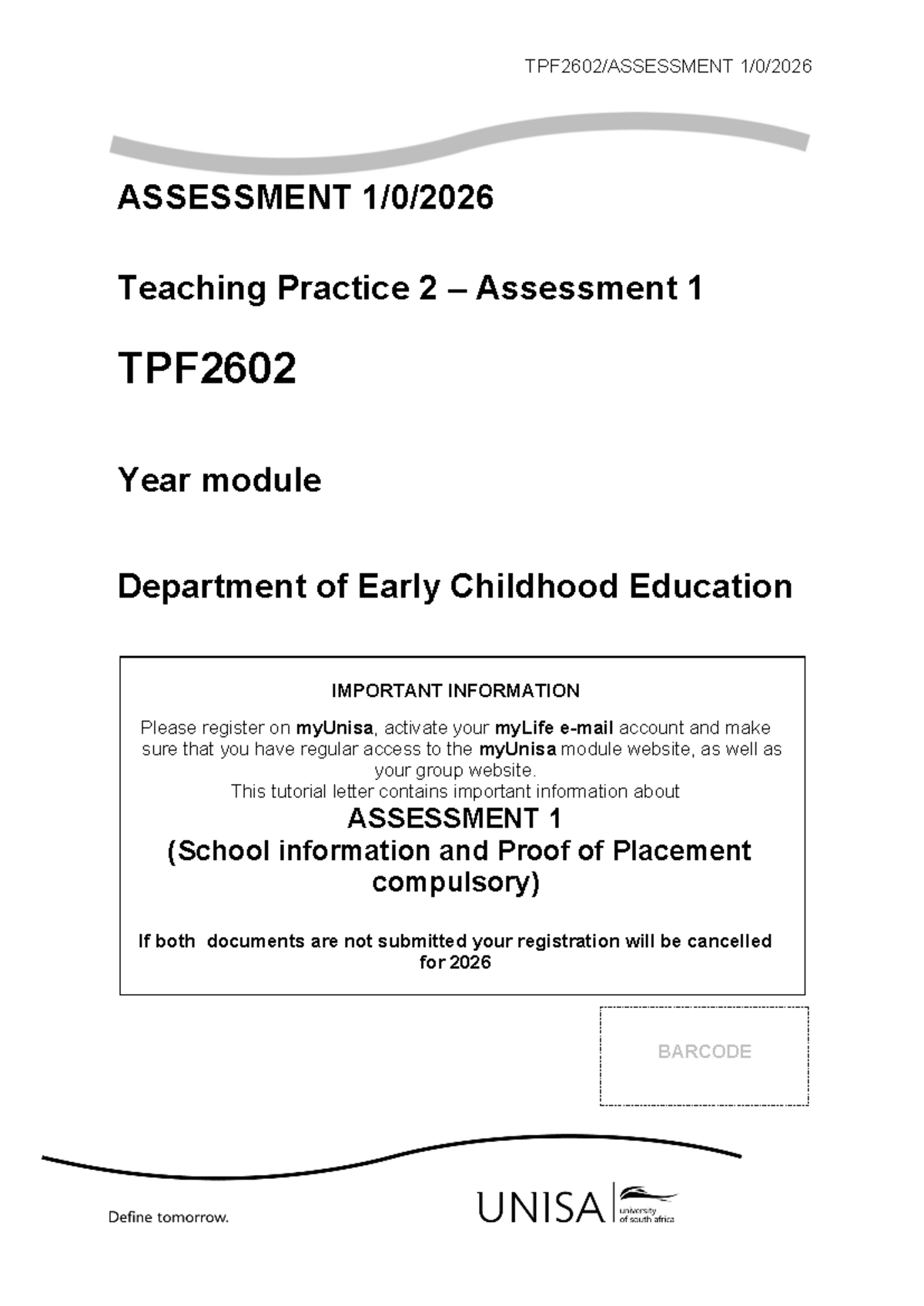 TPF2602 Teaching Practice 2 Assessment 1 Guidelines for 2026 - Studocu