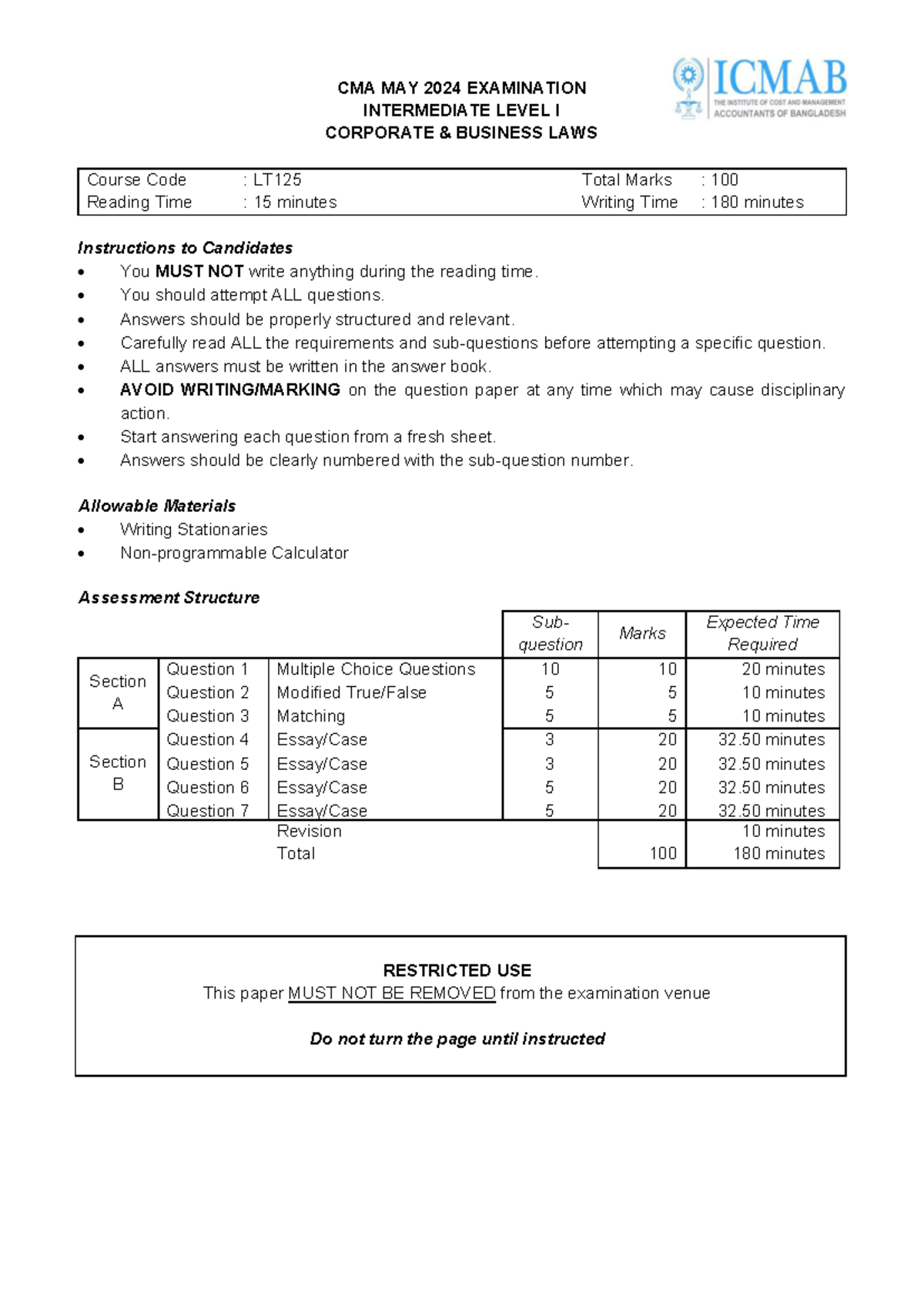 CMA May 2024 Exam: Intermediate Level I Corporate Business Laws - Studocu