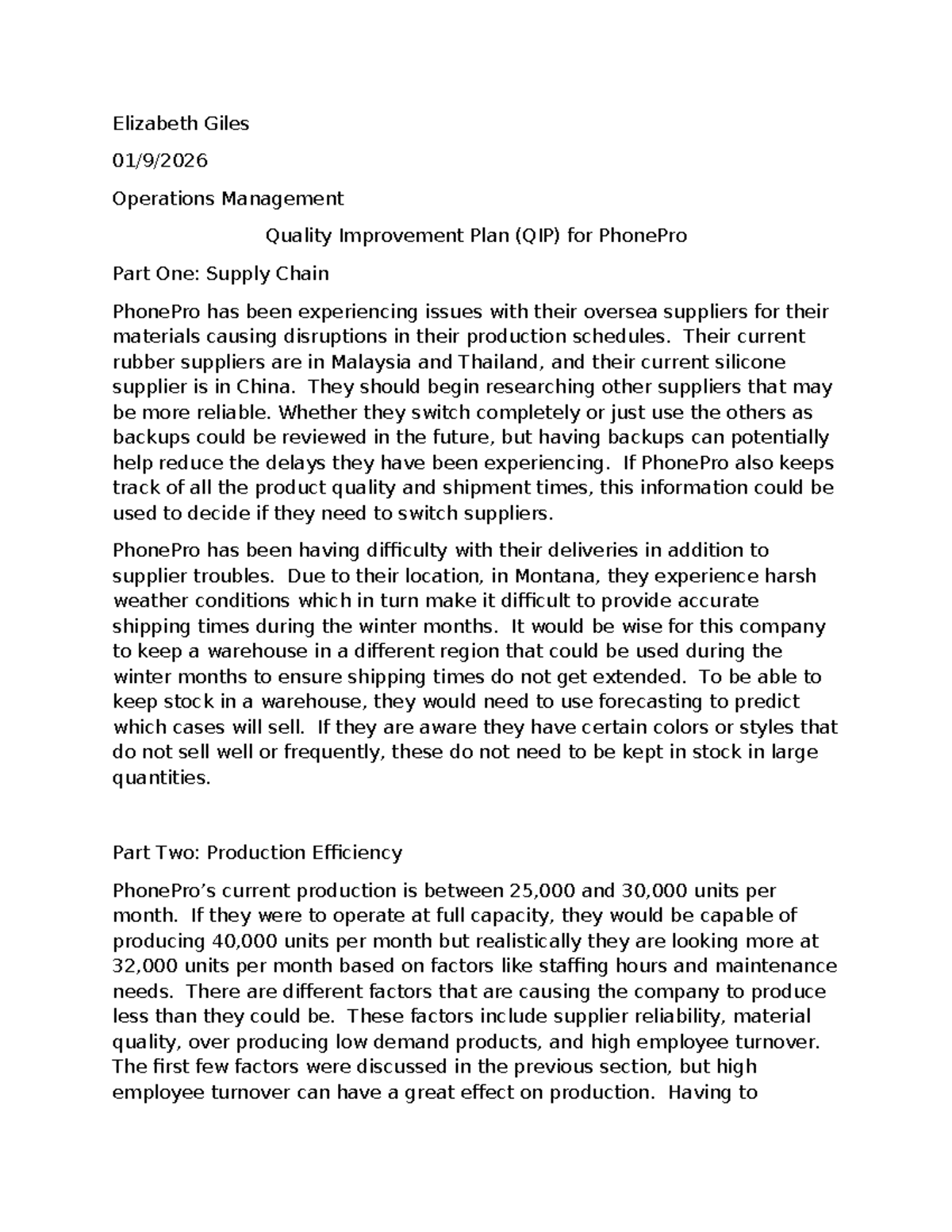 QIP - Quality Improvement Plan for PhonePro Operations Management - Studocu