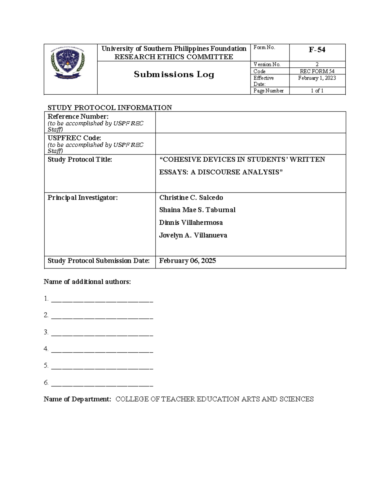 F-54 Submissions Log for merge - University of Southern Philippines ...