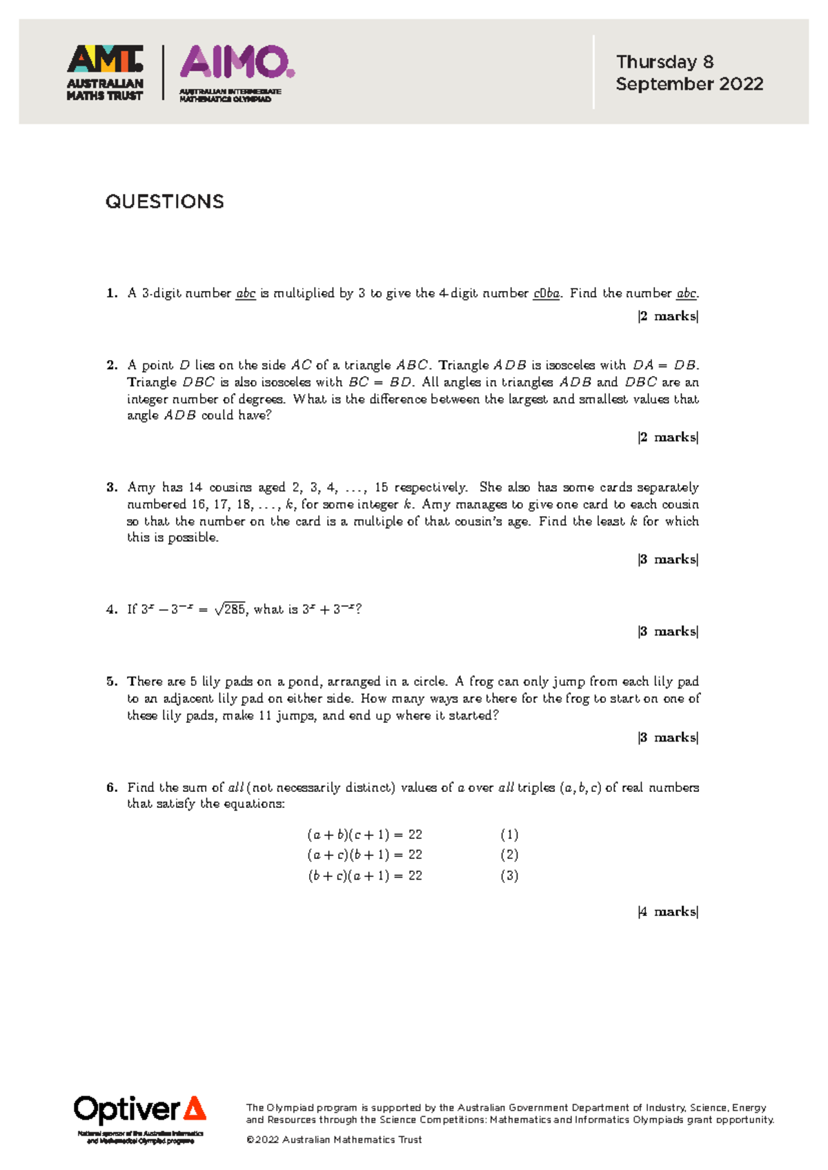 2022 AIMO Intermediate Mathematics Olympiad Questions & Solutions - Studocu