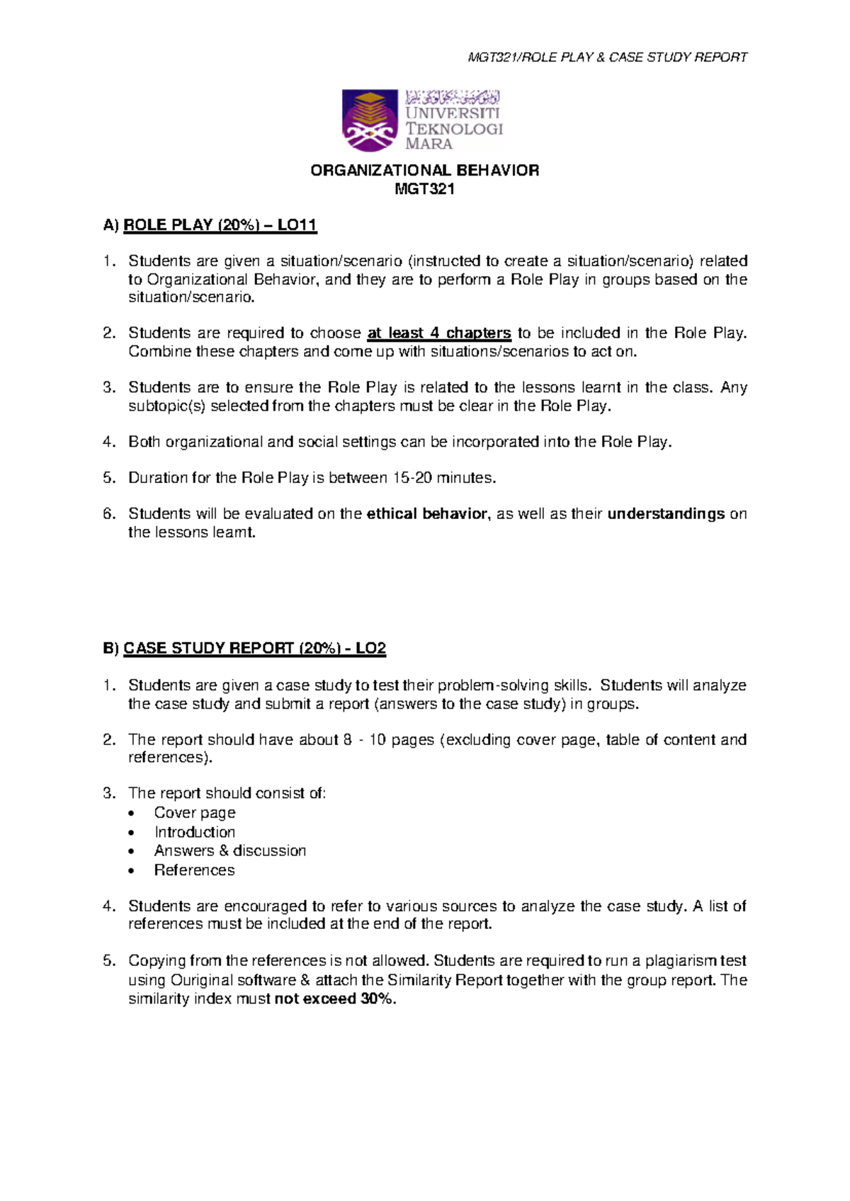 MGT 321 General Guidelines FOR ROLE PLAY & CASE Study Report - MGT321 ...