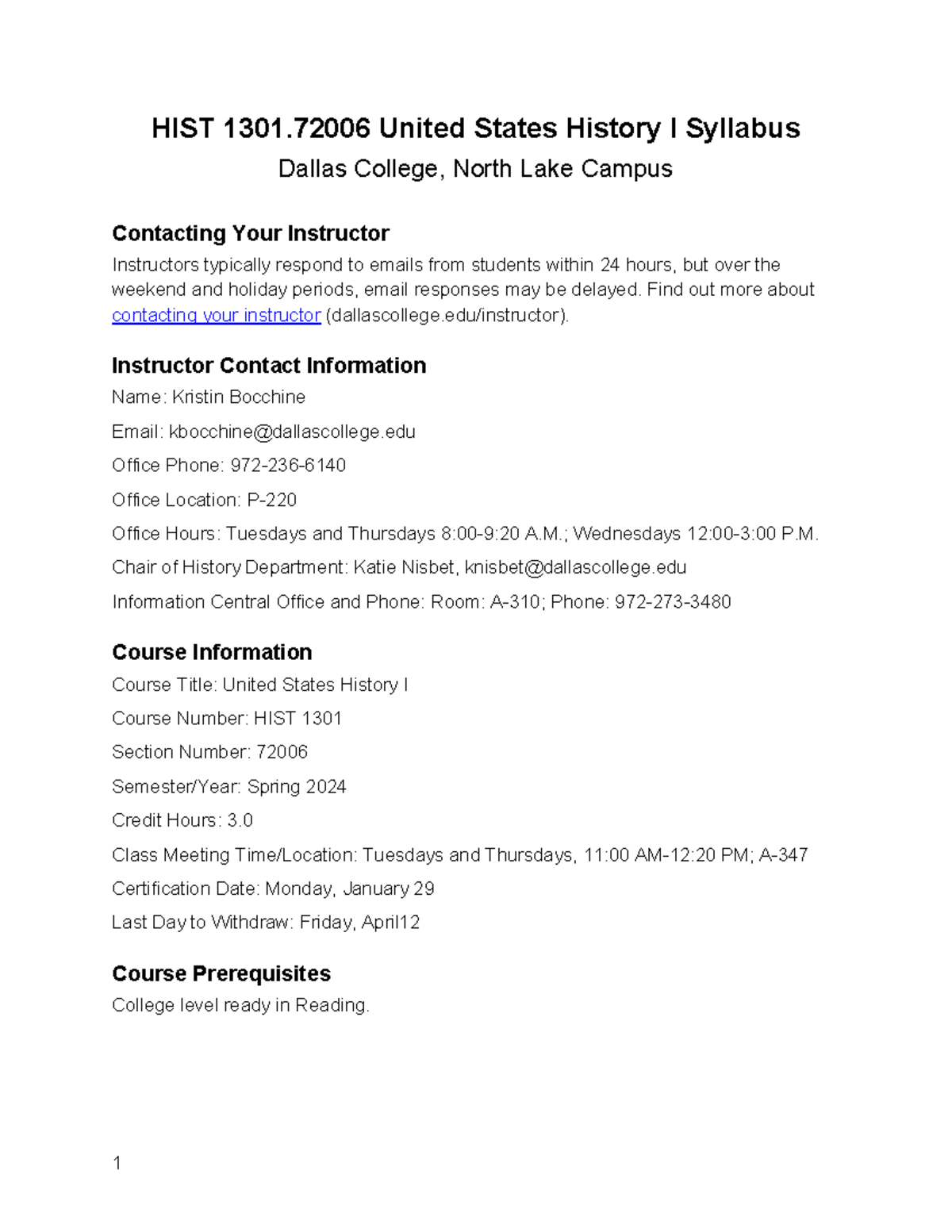 HIST-1301-72006 - United States History I Course Syllabus Spring 2024 ...
