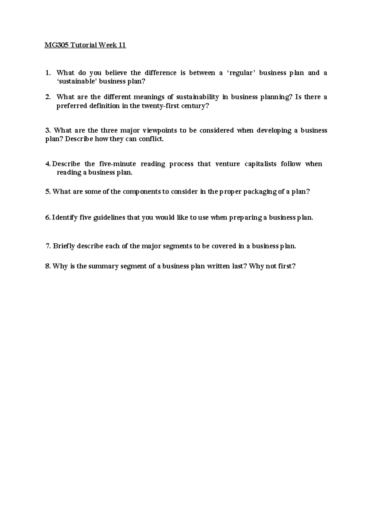 MG305 Tutorial Week 11: Business Planning & Sustainability Insights ...