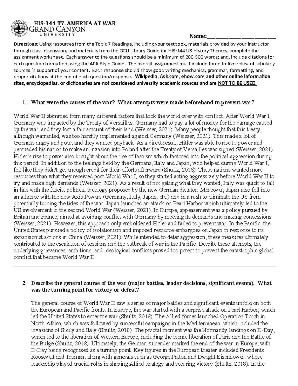 HIS-144 T7: America at War - Assignment Overview and Analysis - Studocu