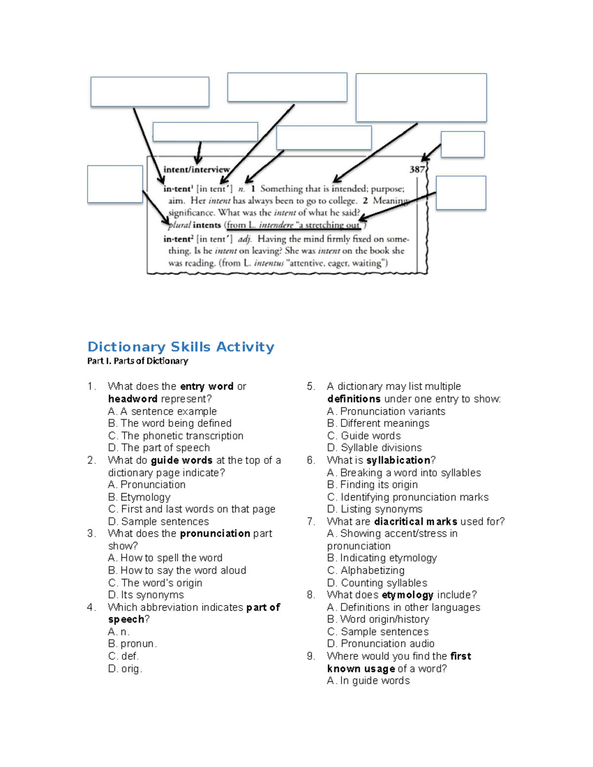 Dictionary Skills Activity Part I: Understanding Dictionary Components - Studocu