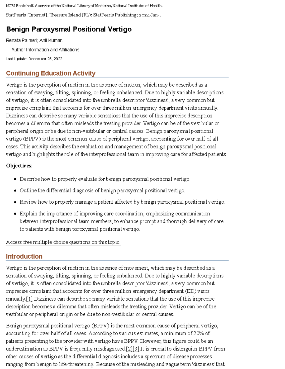 Benign Paroxysmal Positional Vertigo Stat Pearls NCBI Bookshelf - NCBI ...