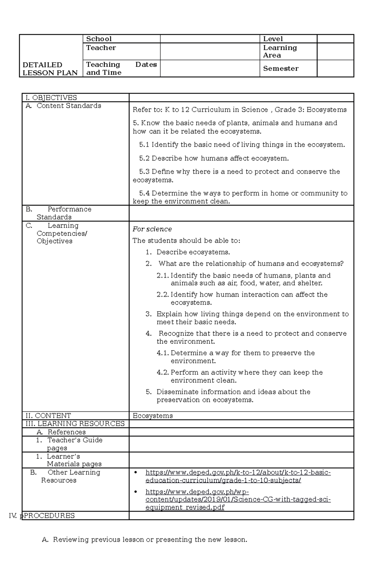 Grade 3 Science Ecosystem Lesson Plan DLP - Studocu