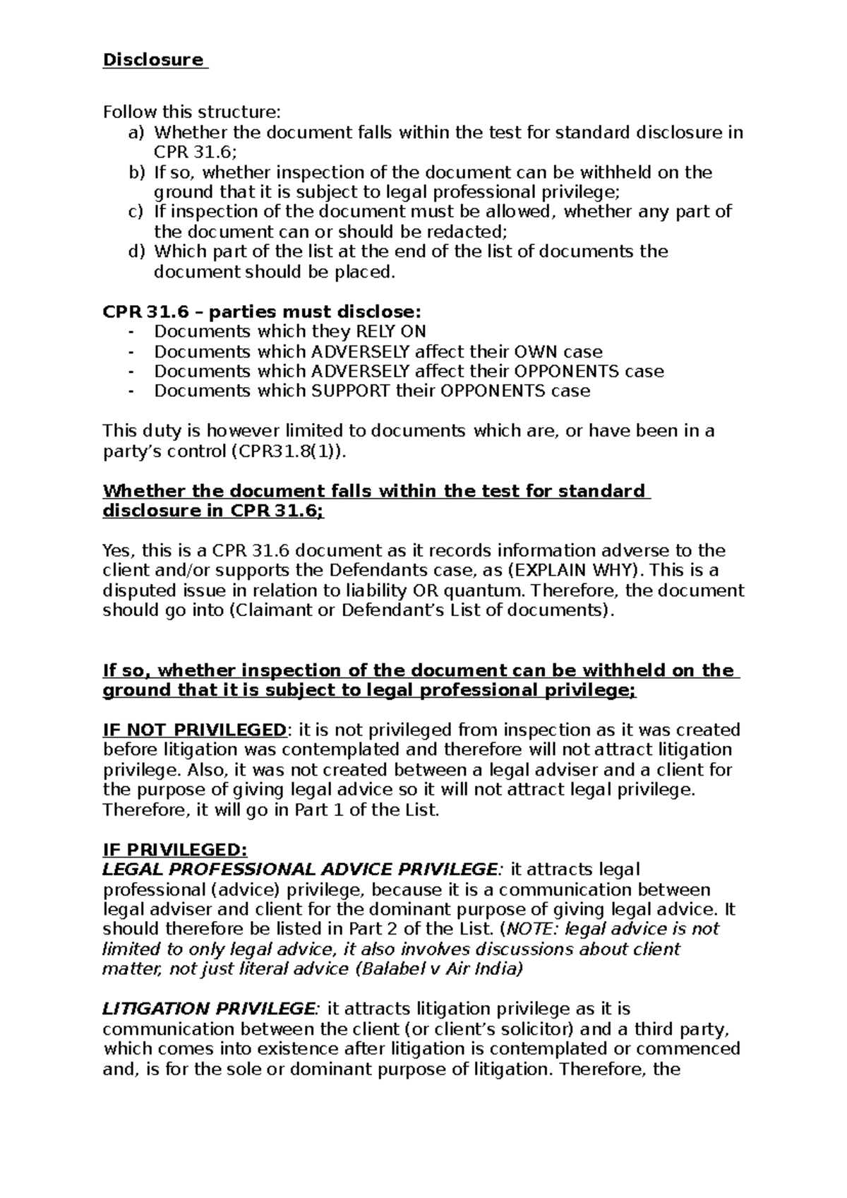 Legal Document Disclosure and Privilege Overview: CPR 31.6 Analysis ...