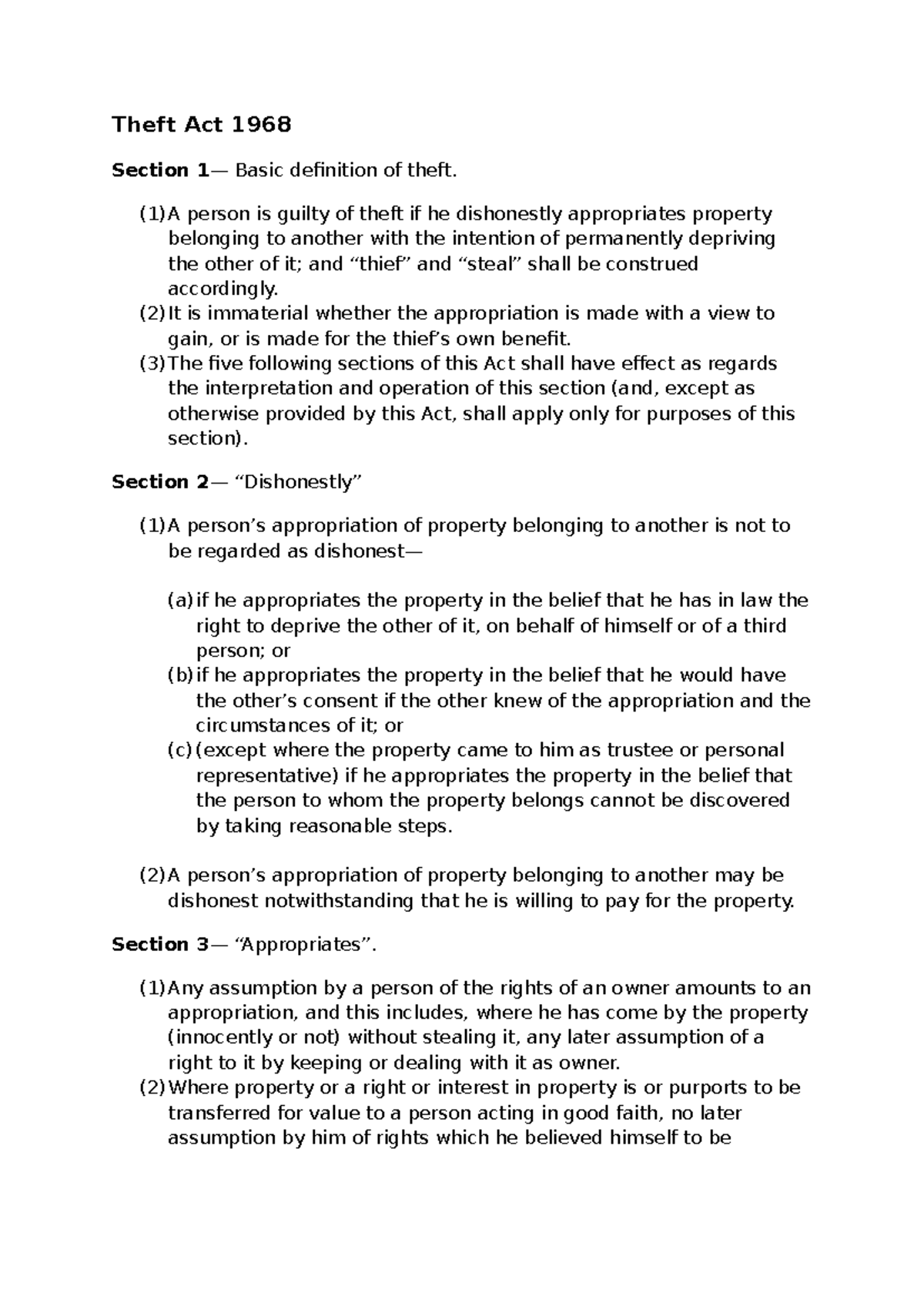 Theft Act 1968: Overview of Theft Definition and Sections - Studocu