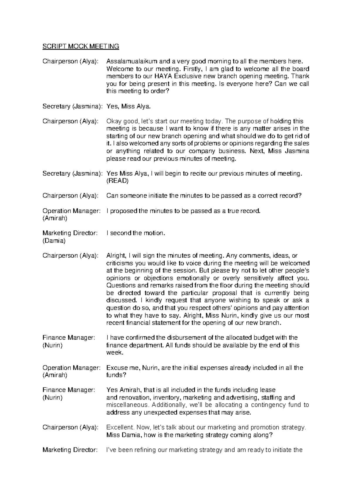 OBM250 Online MOCK Meeting Script for New Branch Opening - Studocu