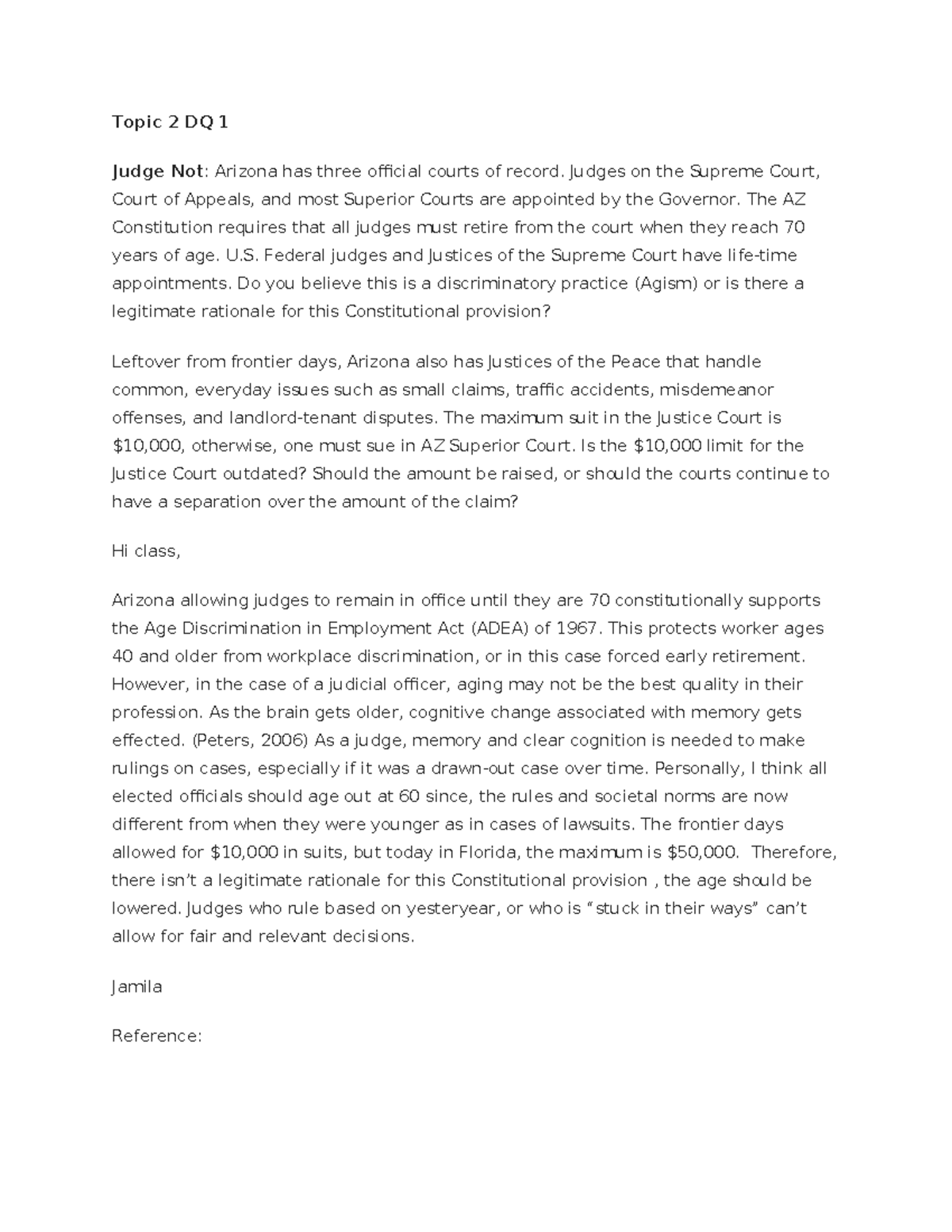 Topic 2 DQ 1: Analyzing Arizona's Judicial Age Limit and Its Relevance ...