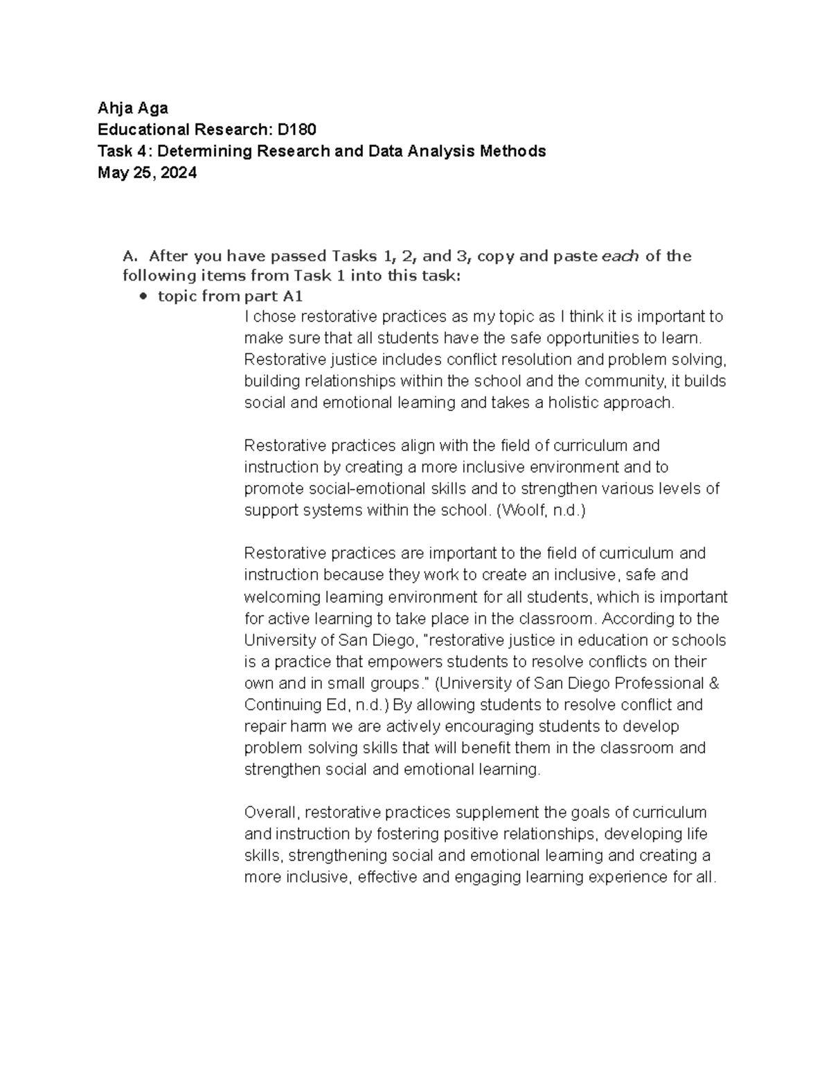 D180 Task 4 - Applied Research Project on Restorative Practices - Studocu