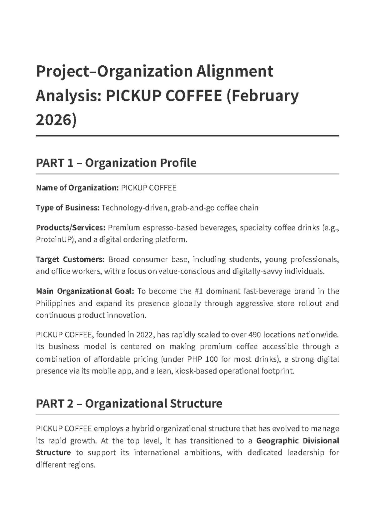 PICKUP COFFEE Alignment Analysis: Organizational Structure & Culture ...