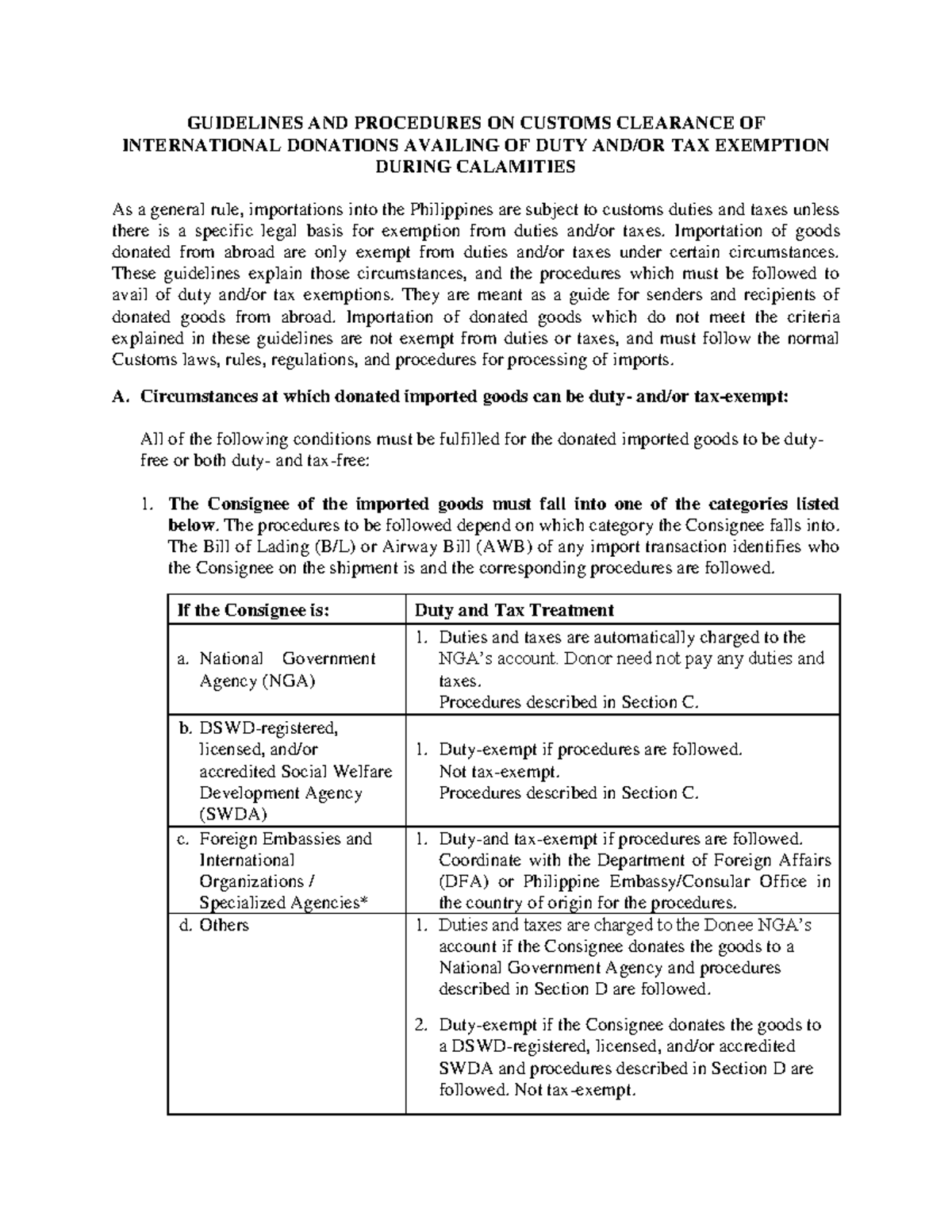 Guidelines and Procedures for Customs Clearance of Int'l Donations ...
