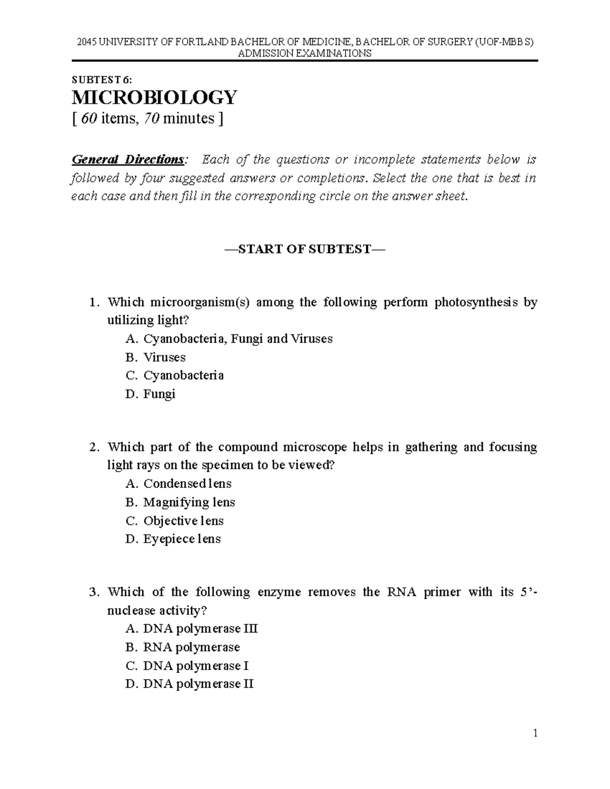 2045 MBBS Admission Exam: Microbiology Subtest 6 Questions & Answers ...
