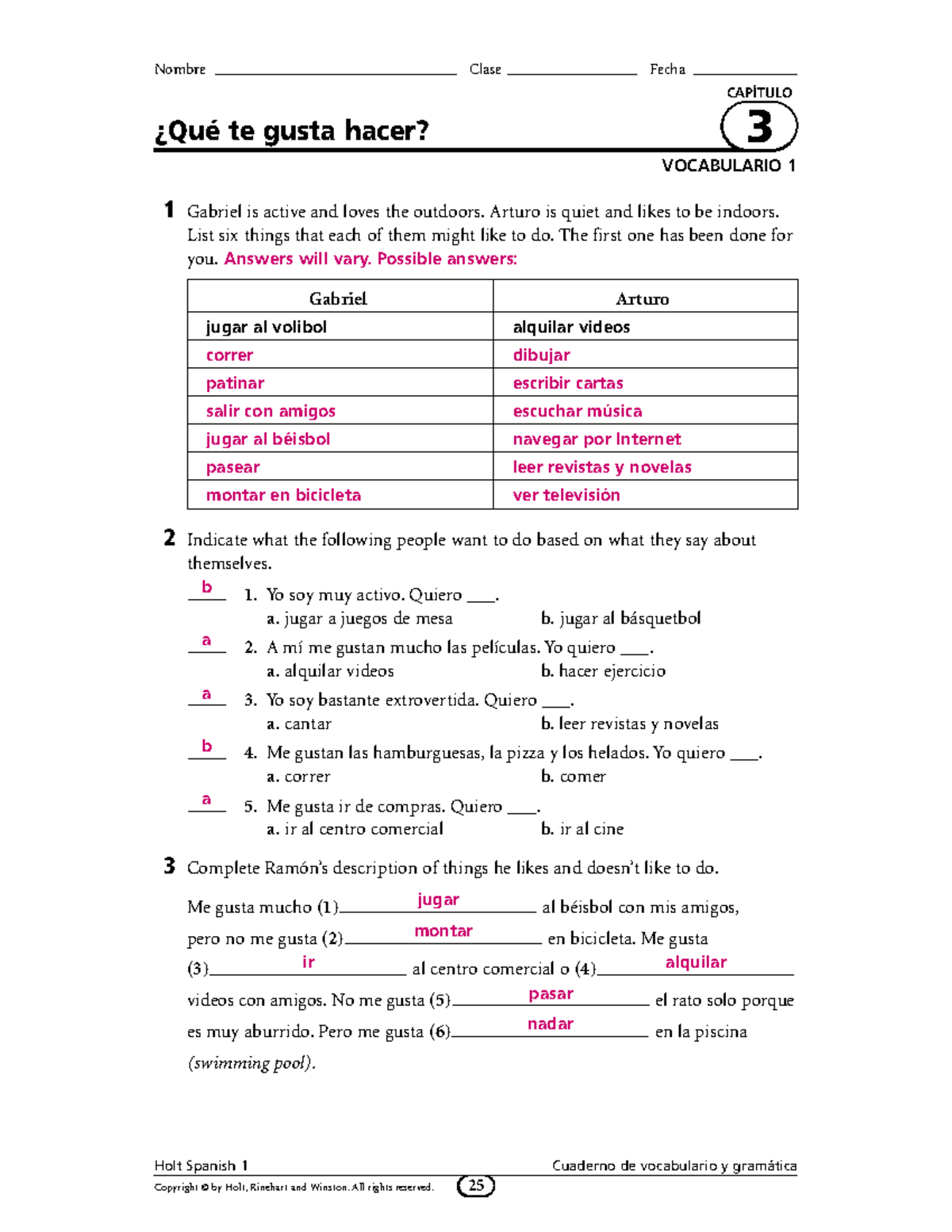 Holt Spanish 1 Chapter 3 Vocabulary and Grammar Guide - Studocu