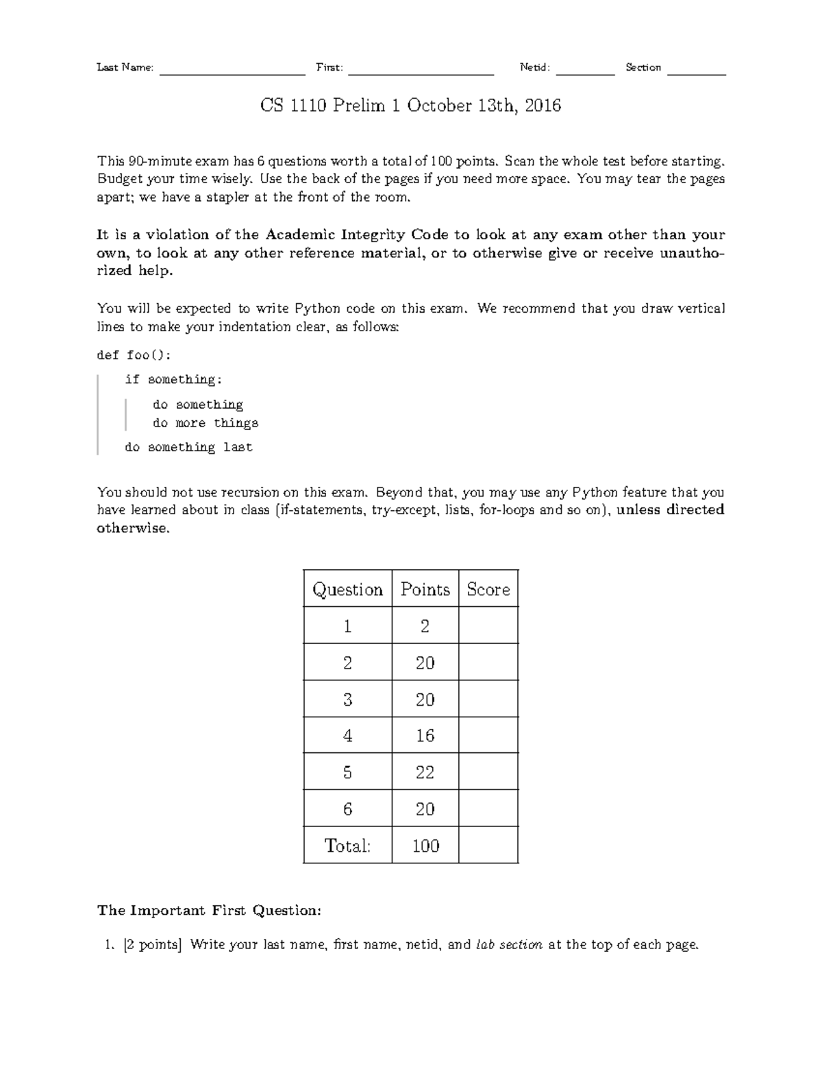 CS 1110 Fall 2016 Prelim 1 Solutions and Answer Guide - Studocu