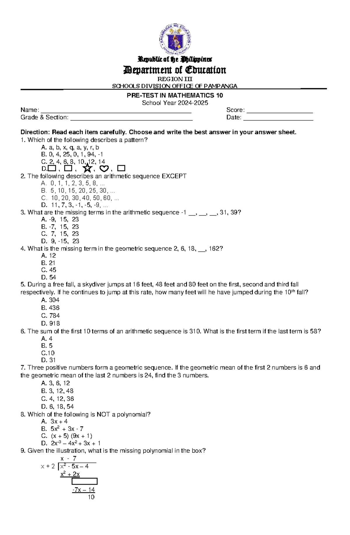 PRE-TEST IN Mathematics 10 - Republic of the Philippines Department of ...