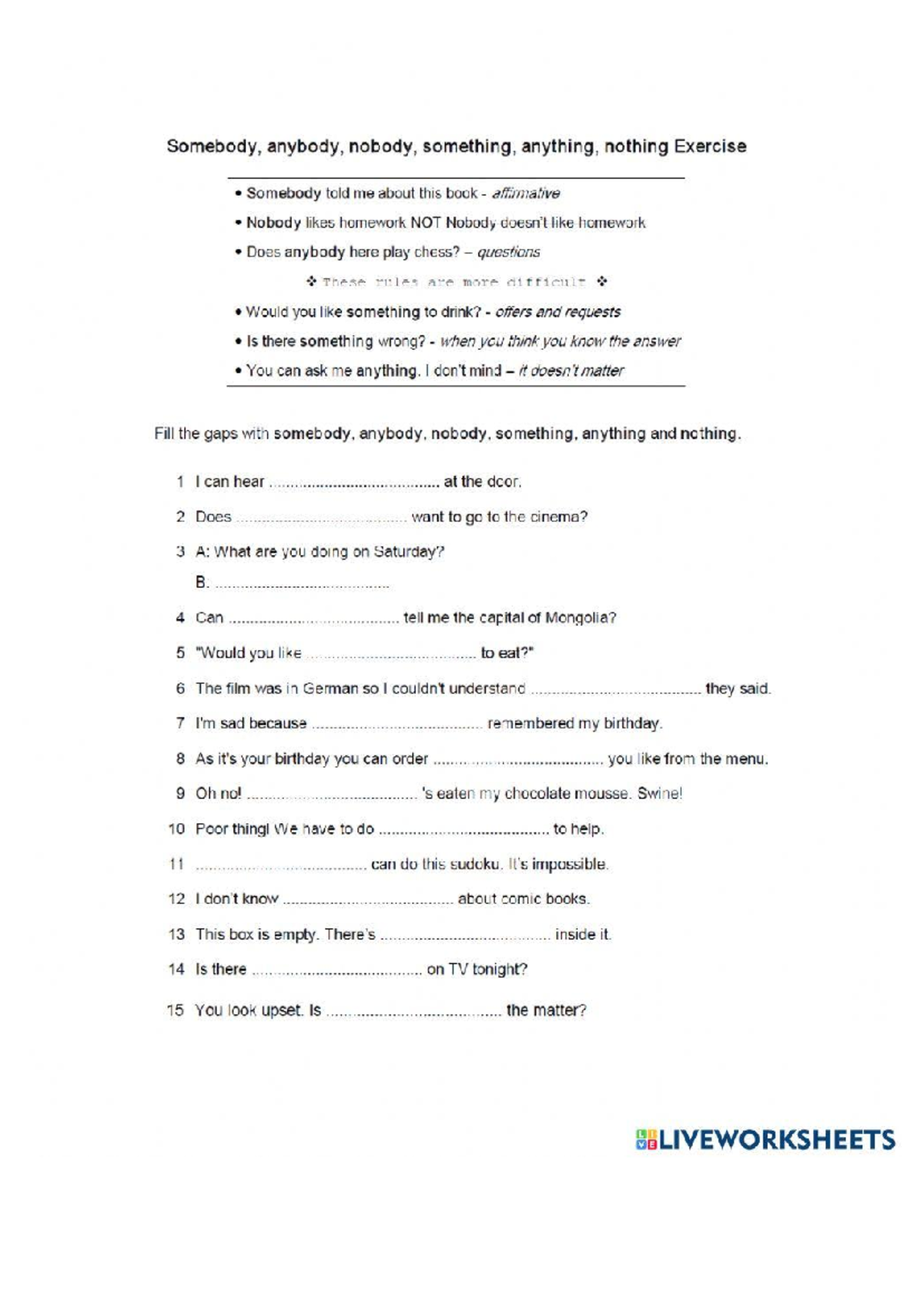 Worksheet 7028486 - Somebody, Anybody, Nobody Exercise - Studocu