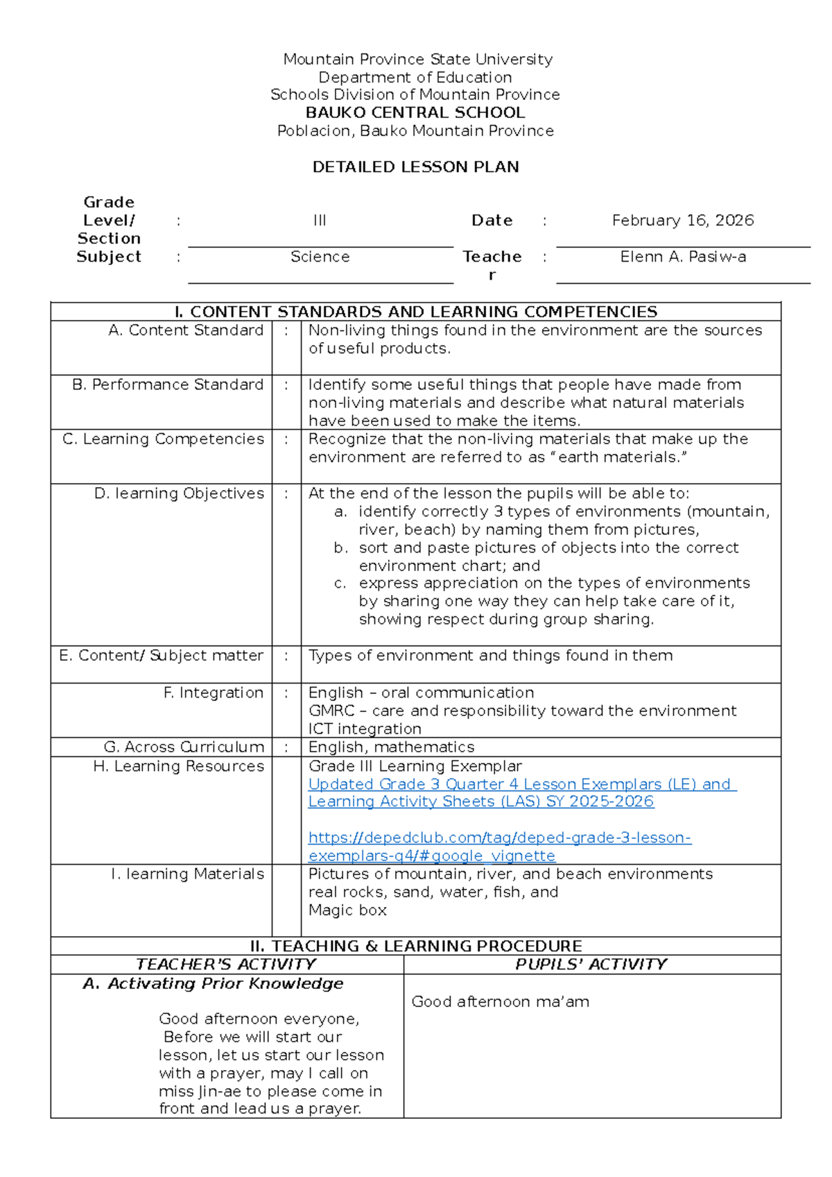 Detailed Lesson Plan: Science for Grade 3 (February 16, 2026) - Studocu