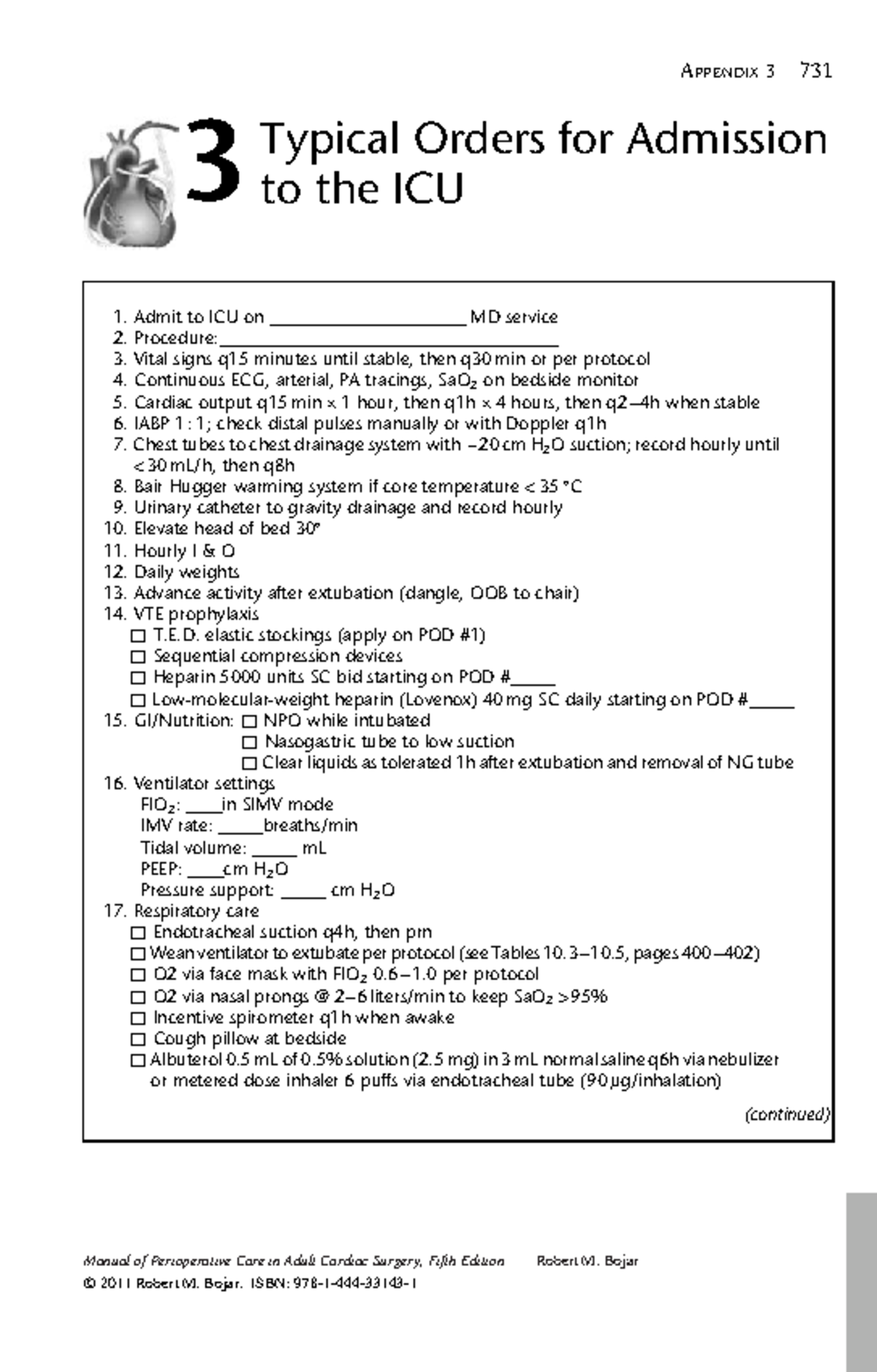 Appendix 3: Typical ICU Admission Orders in Adult Cardiac Surgery (2010 ...