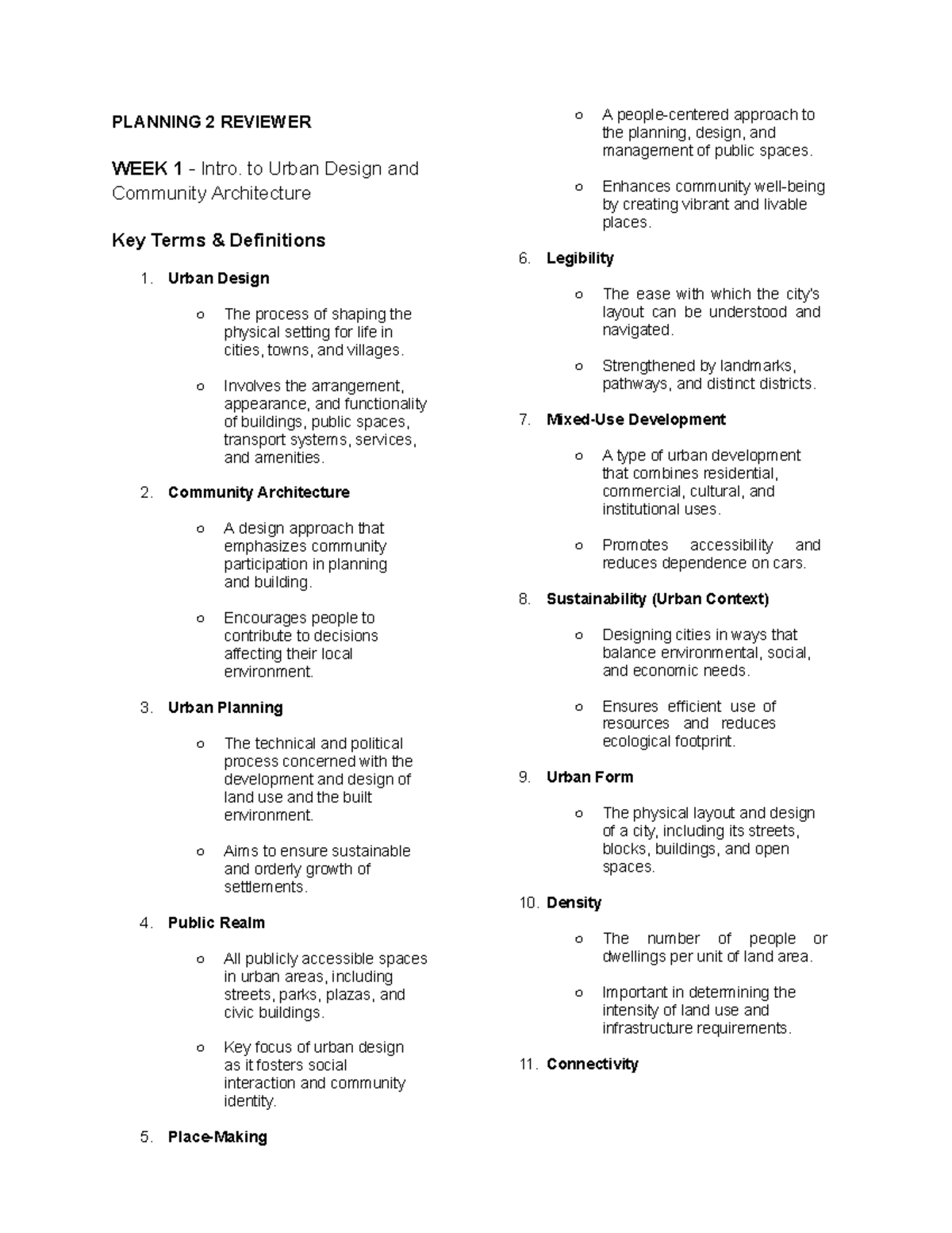 WEEK 1-5 REVIEWER: Intro to Urban Design & Community Architecture - Studocu