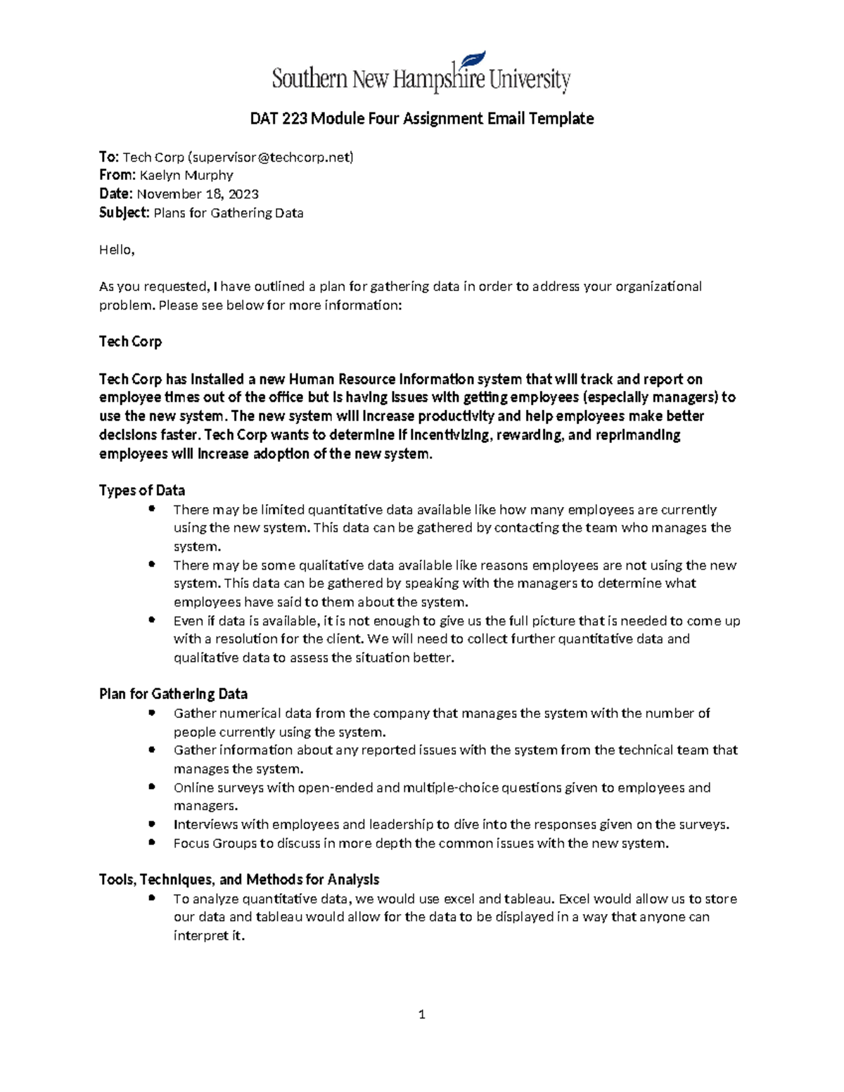 DAT 223 Data Gathering Plan for Tech Corp's HR System Issues - Studocu