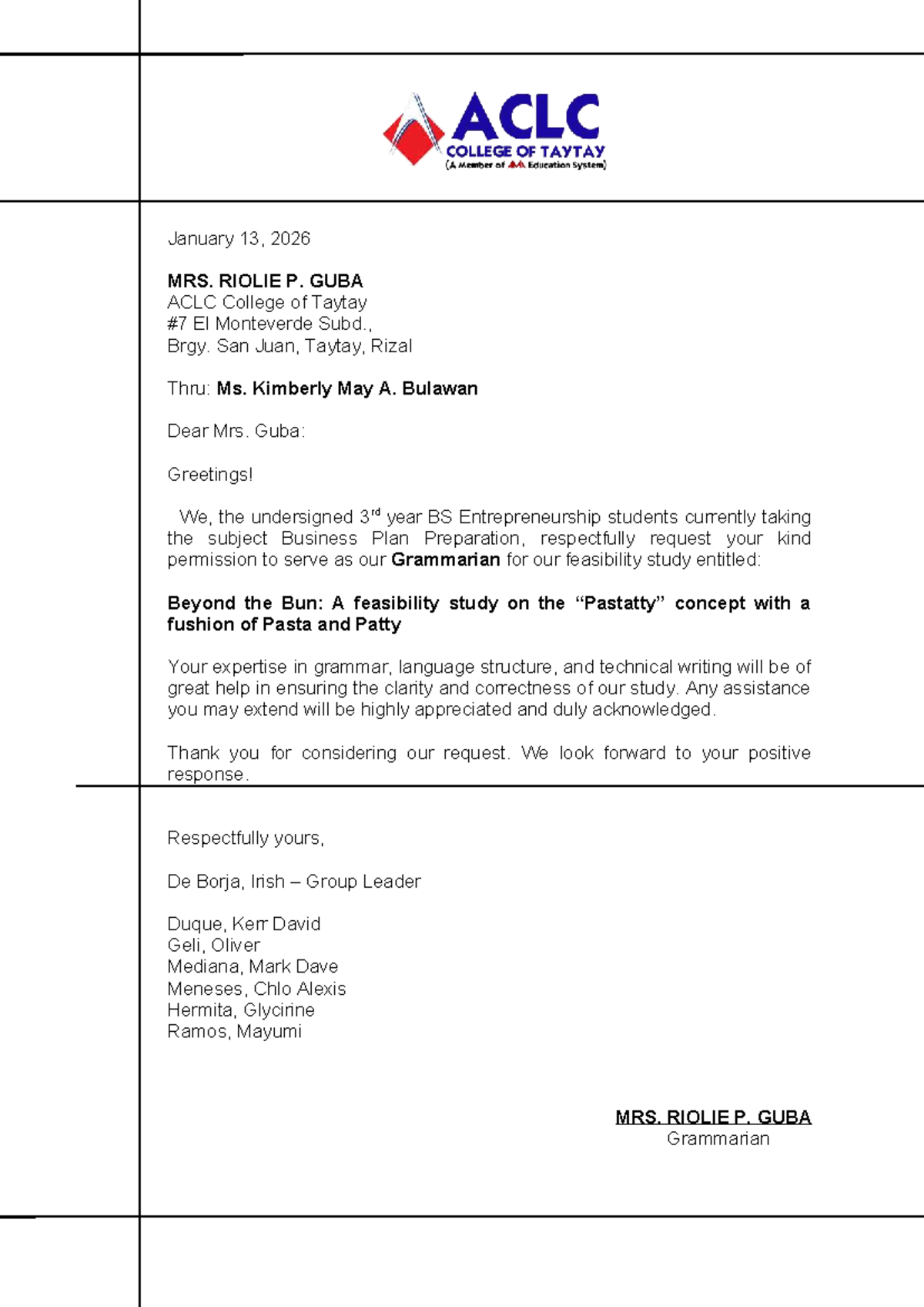 Feasibility Study Request Letter - 3rd Year BS Entrep - Studocu