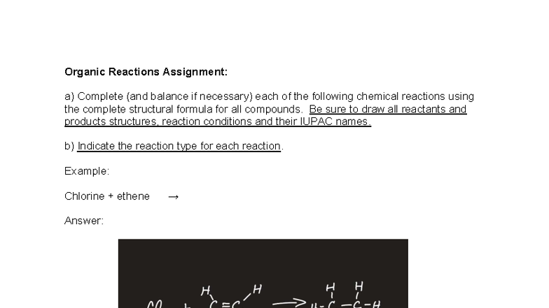 Organic Reactions Assignment U1A6: Balancing & Identifying Reaction ...